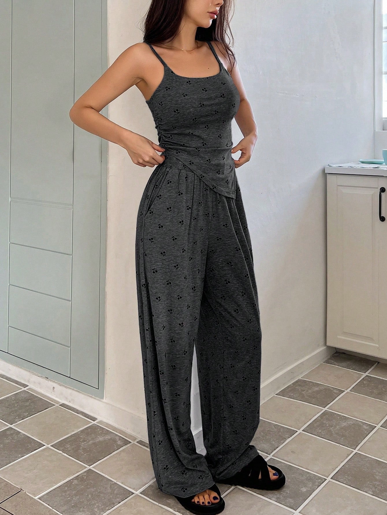 DAZY Allover Print Asymmetrical Fitted Camisole & Loose Straight Leg ...