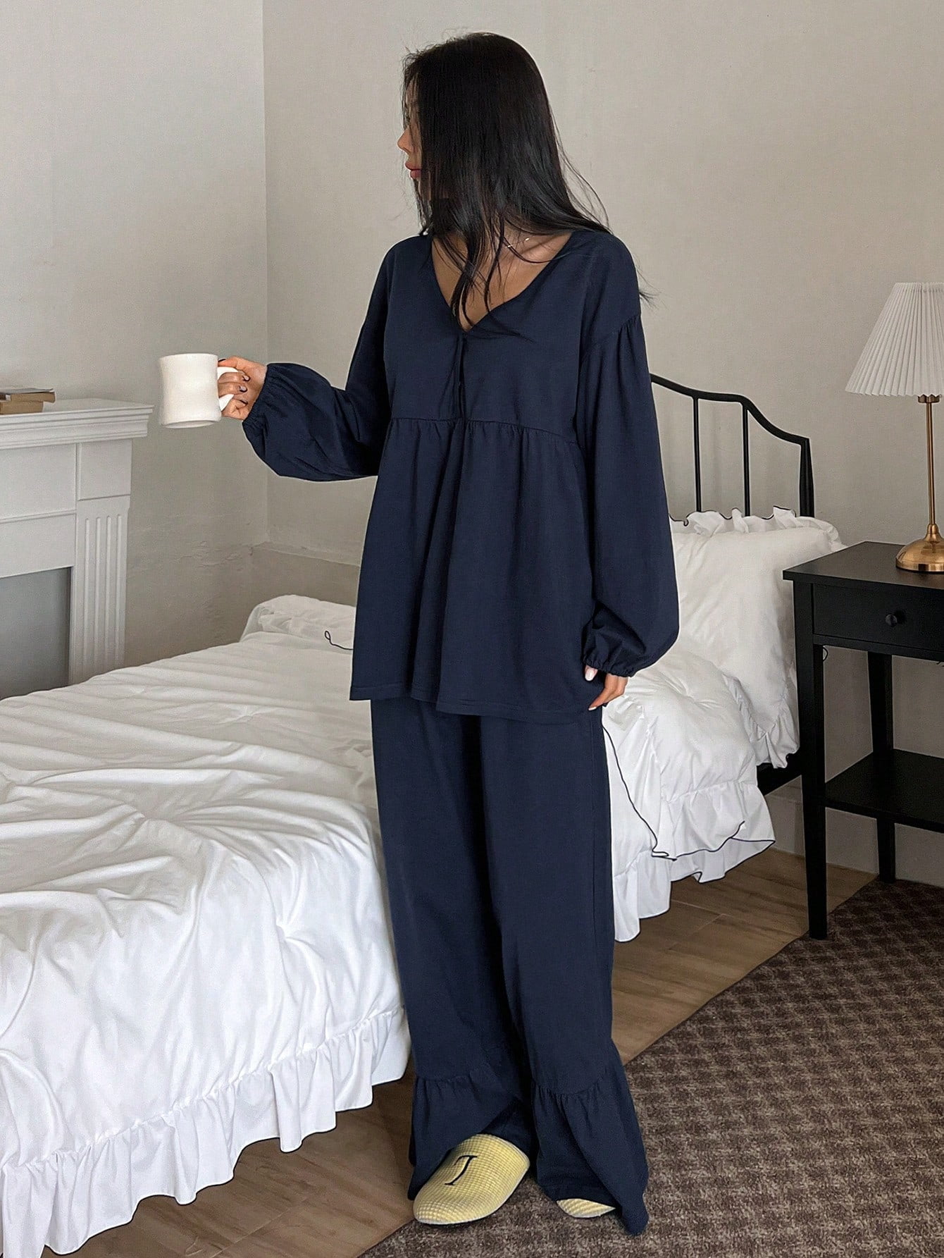 DAZY Plain Ruffled Hem Loose Pajama Set - Walmart.com