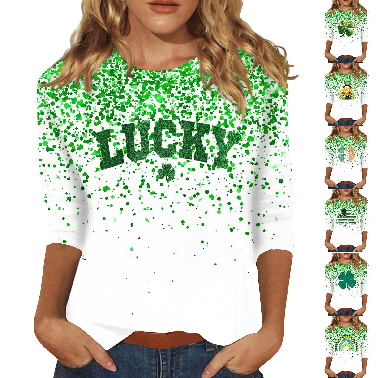 DBAIXID 3/4 Sleeve Women St Patrick's Day Shirts Plus Size Clover Loose Fit Color Block Tops ...
