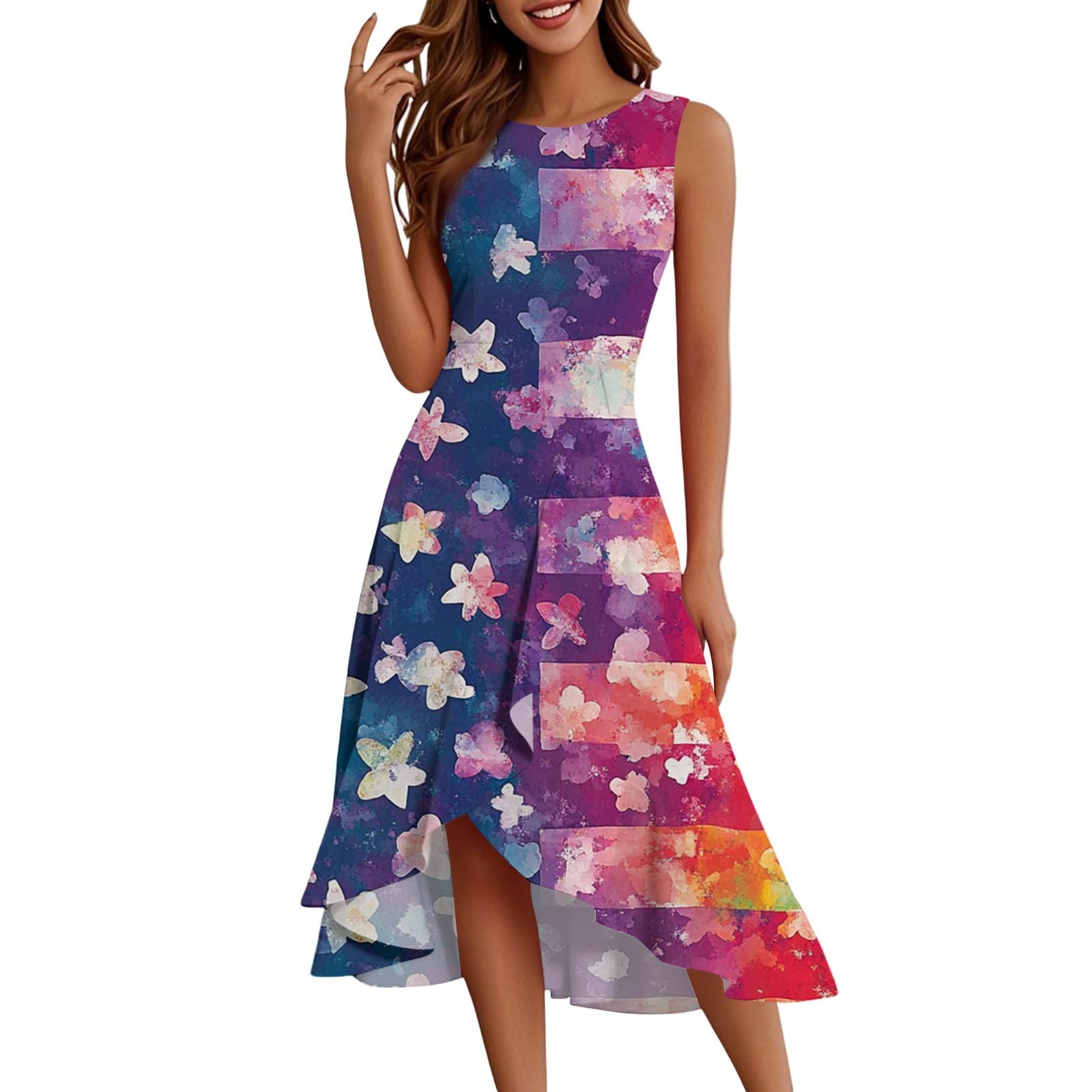 DBAIXID 4th of July Womens Dress Crew Neck Plus Size Red White and Blue ...