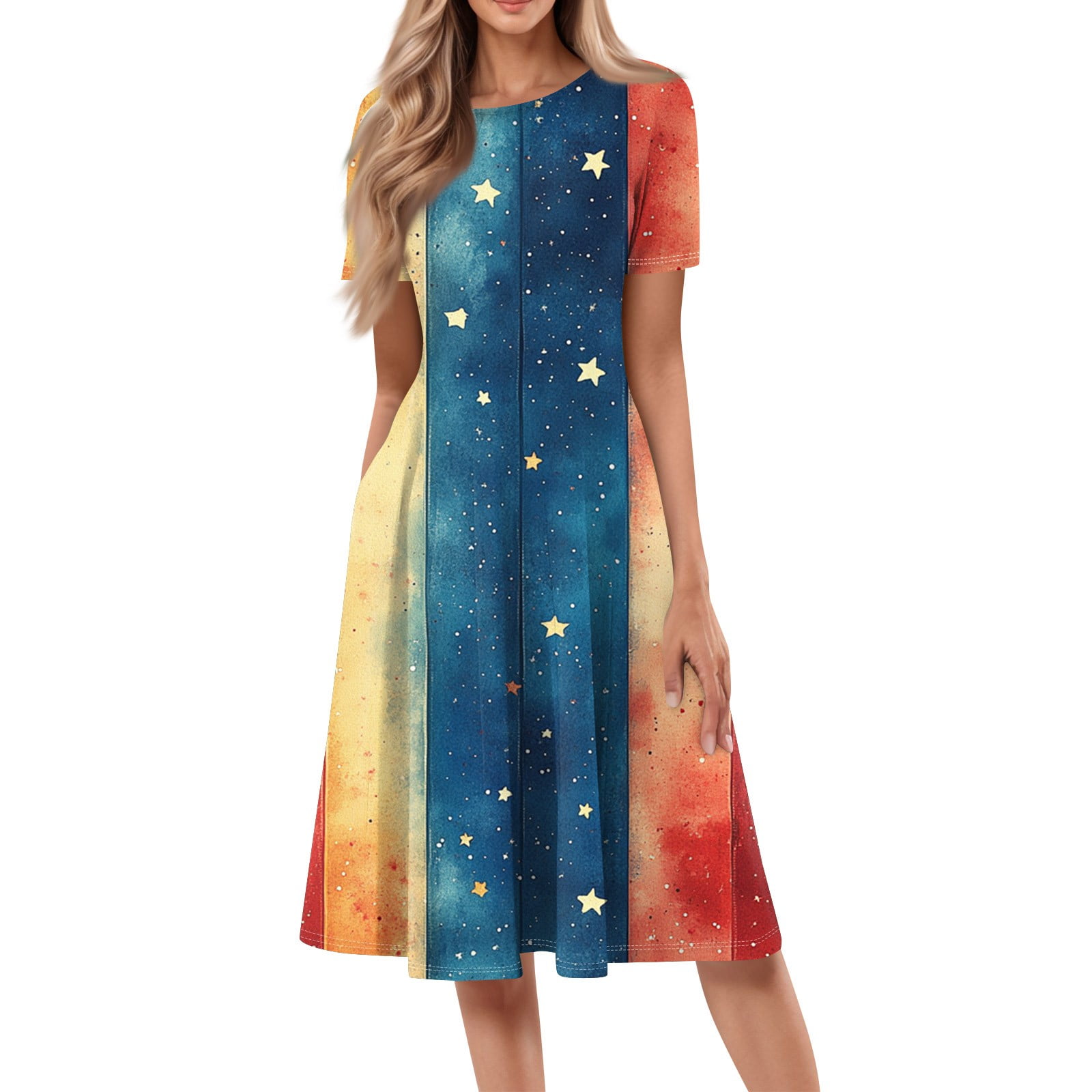 DBAIXID 4th of July Womens Dress Crew Neck Red White and Blue Plus Size ...