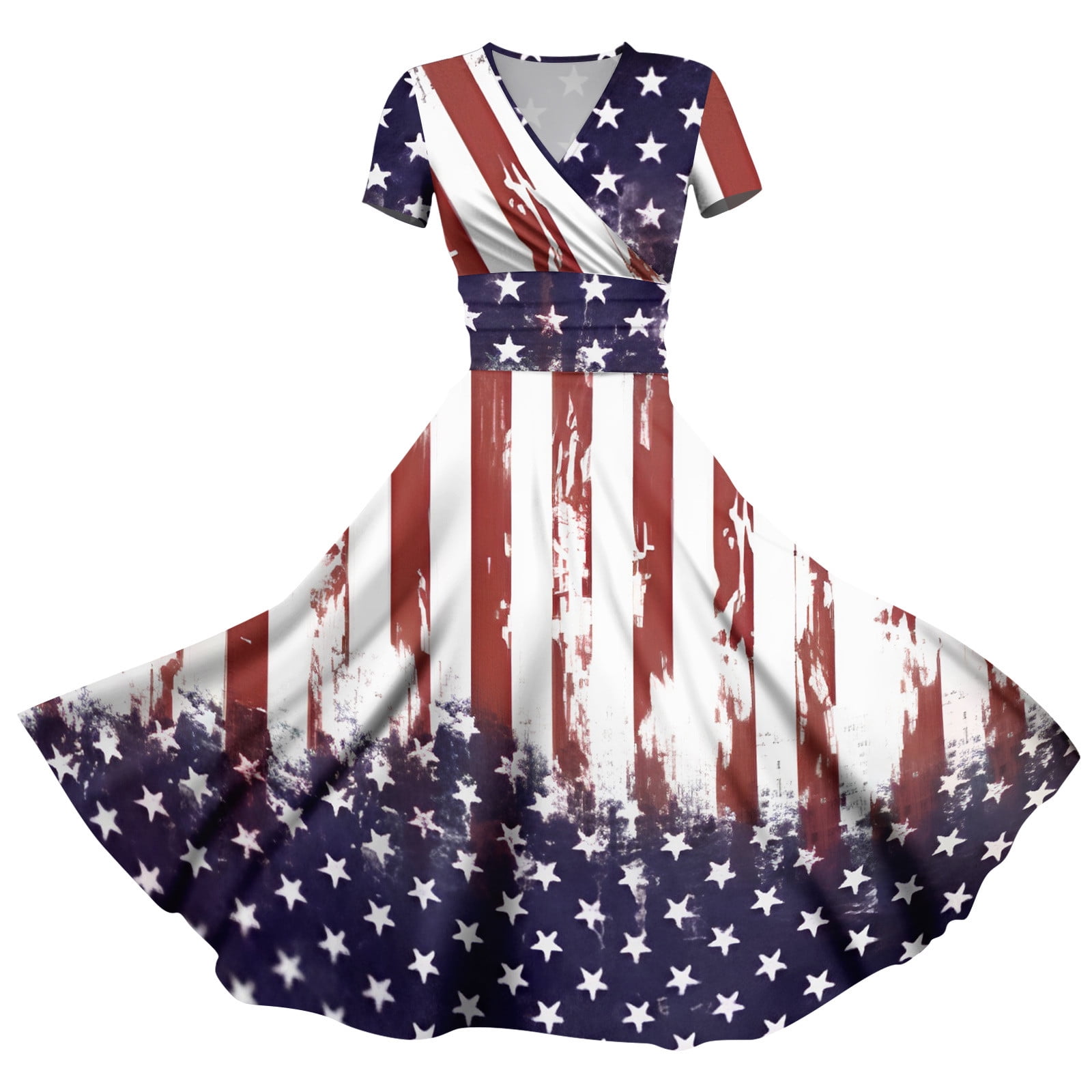 DBAIXID 4th of July Womens Dress Short Sleeve Red White and Blue USA ...