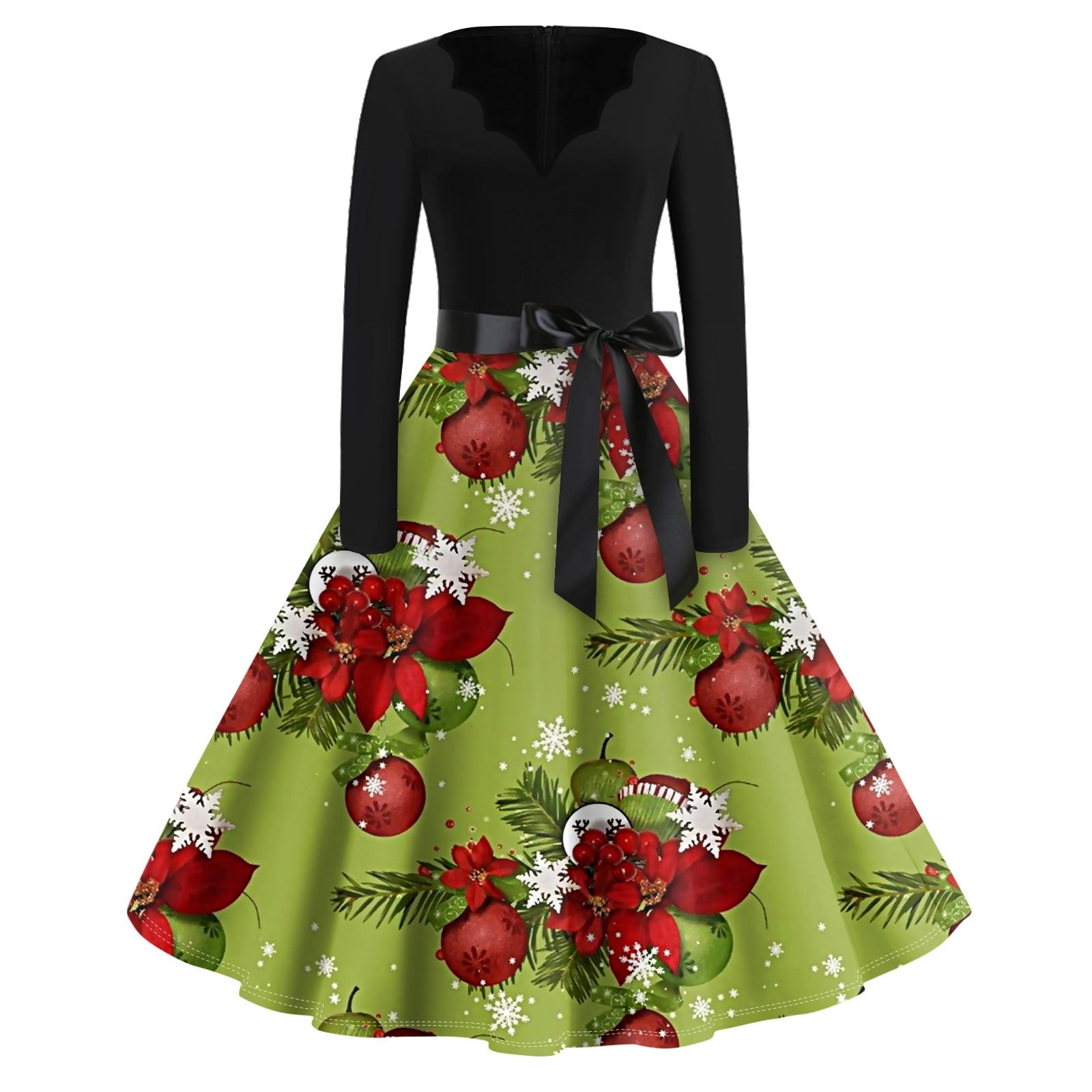 DBAIXID Christmas Dress Tops for Women 1950s Long Sleeve V Neck Swing Dress a Line Santa Print Retro Hepburn Dresses 2024 Vintage Party Cocktail Dress with Belt Green 4XL Walmart