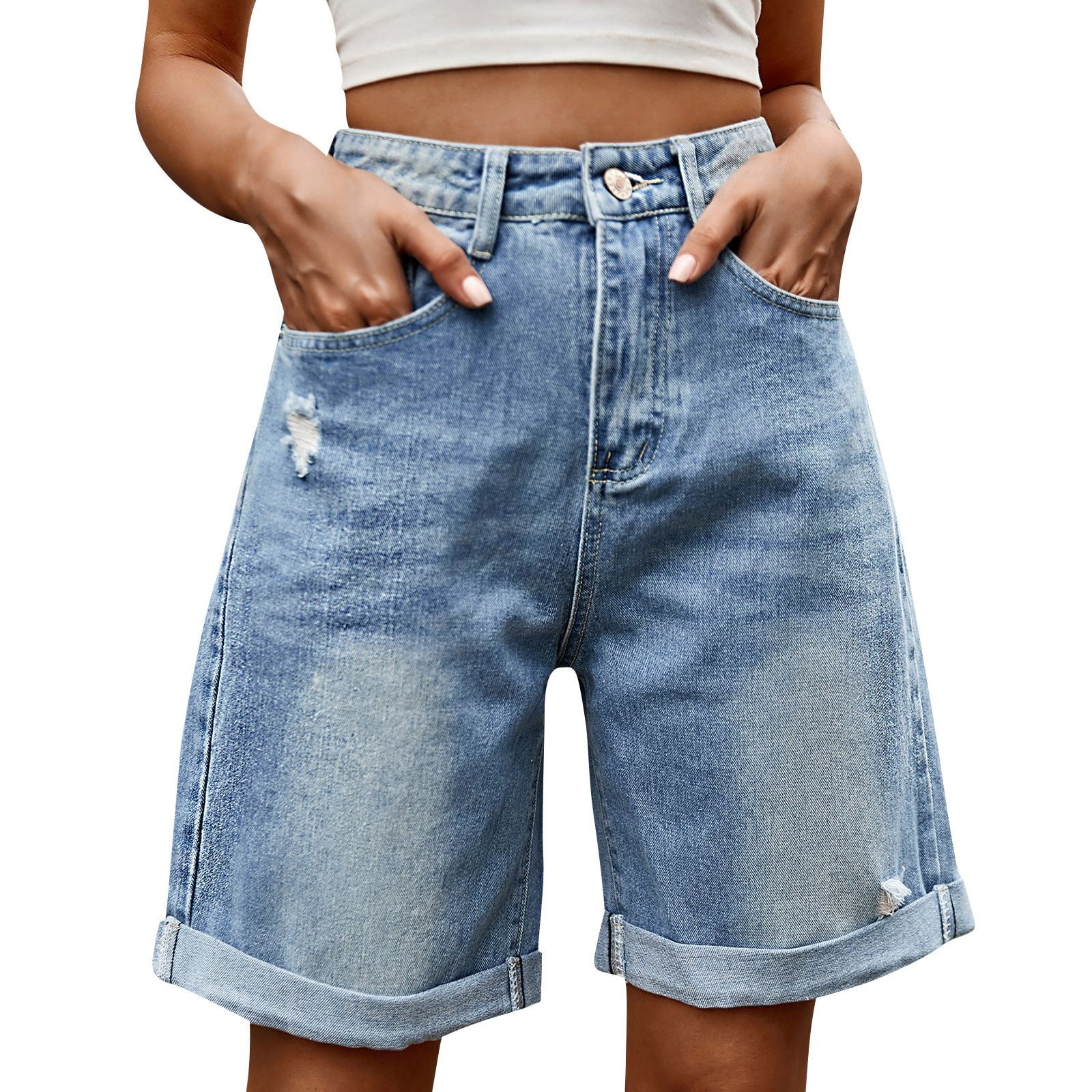 DBAIXID Denim Shorts for Women Rolled Pull on Flat Front High Waisted Loose Womens Jean Shorts A ...