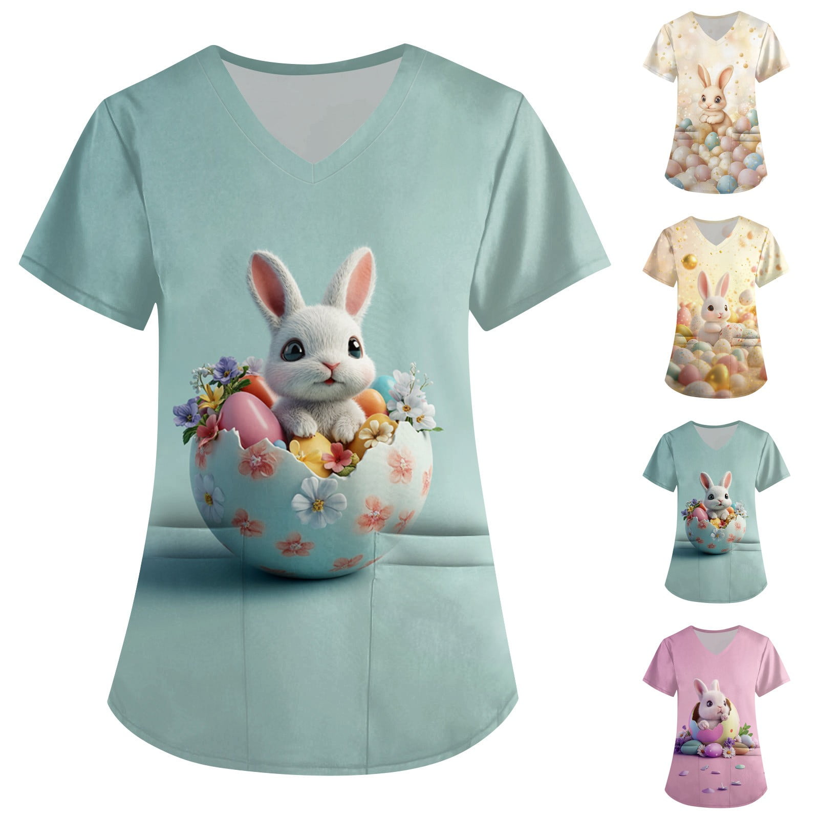 DBAIXID Easter Scrubs for Women In Store Loose Fit Short Sleeve Bunny ...