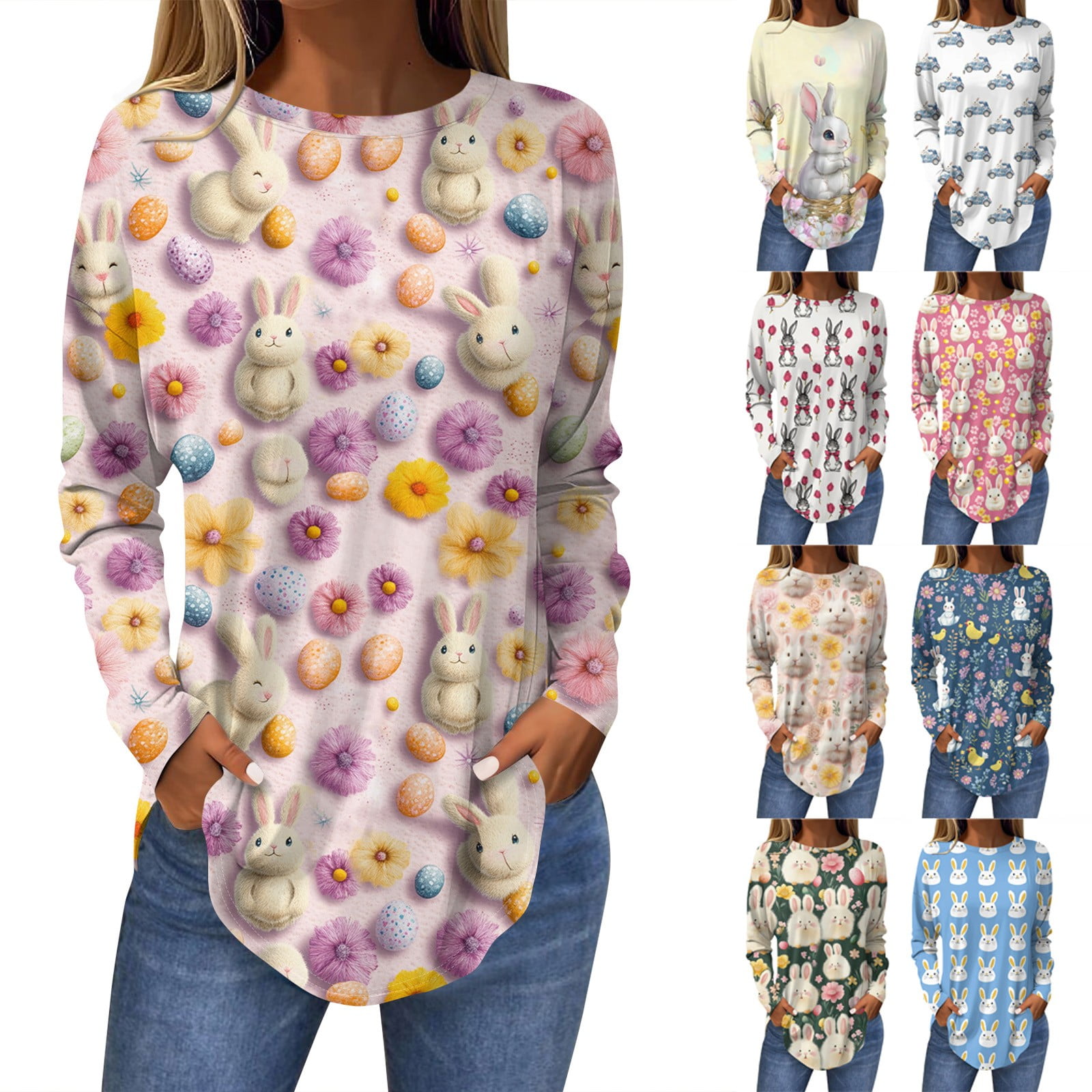 DBAIXID Easter Shirts for Women Plus Purple Long Sleeve Eggs Stretchy ...