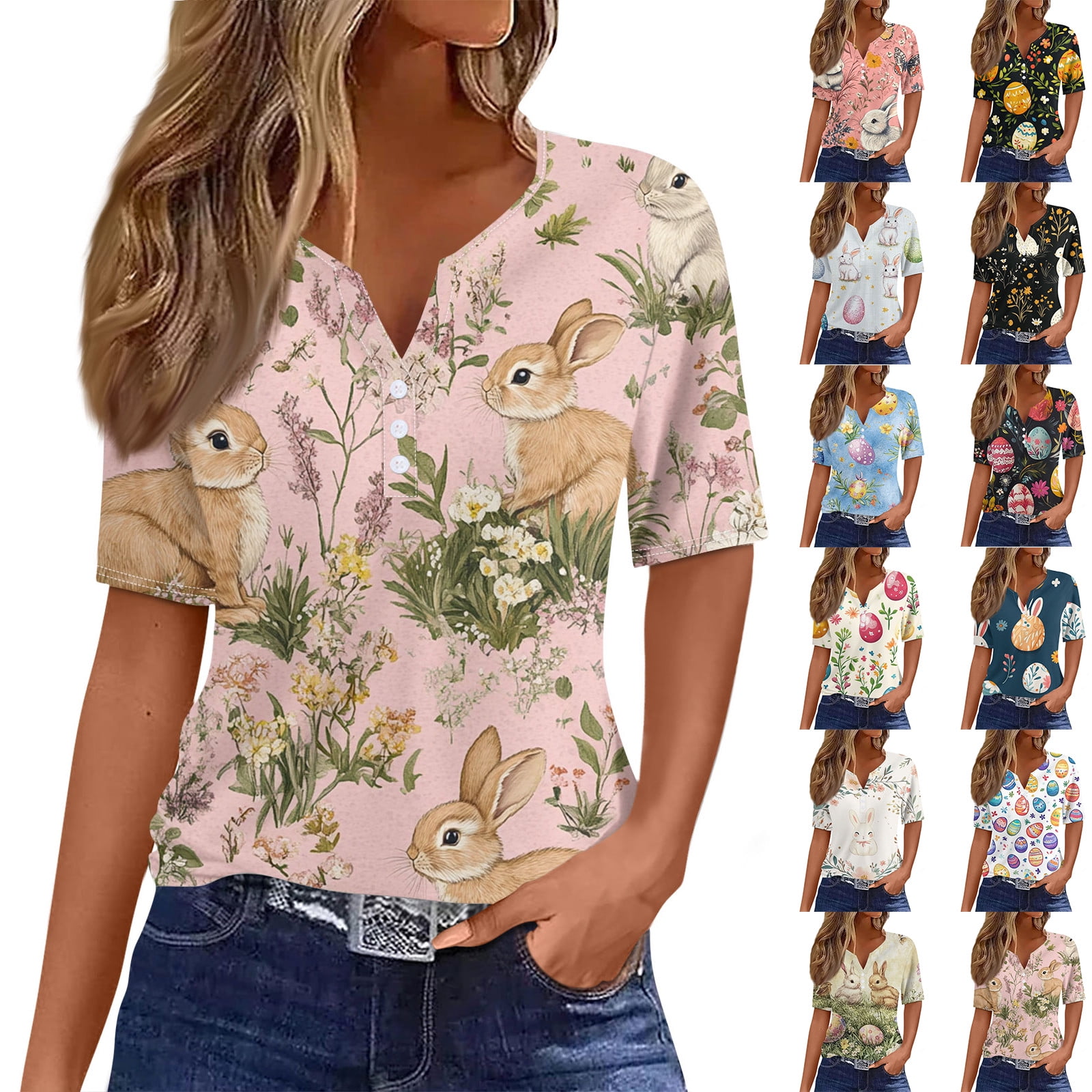 DBAIXID Easter Shirts for Women Plus Purple Short Sleeve Henley Button ...