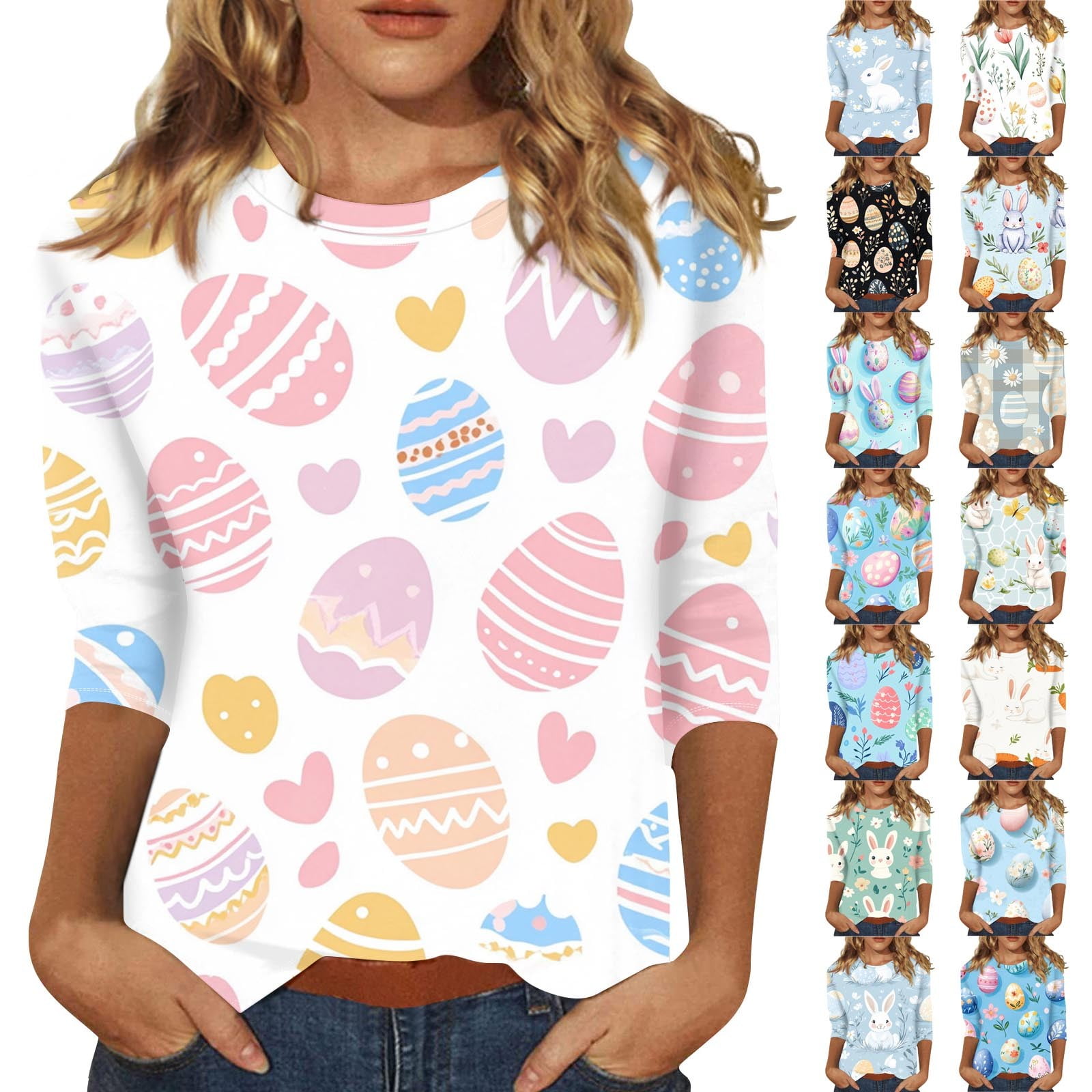 DBAIXID Easter Tops Women 3/4 Sleeve Plus Size Eggs Dressy Rabbit ...