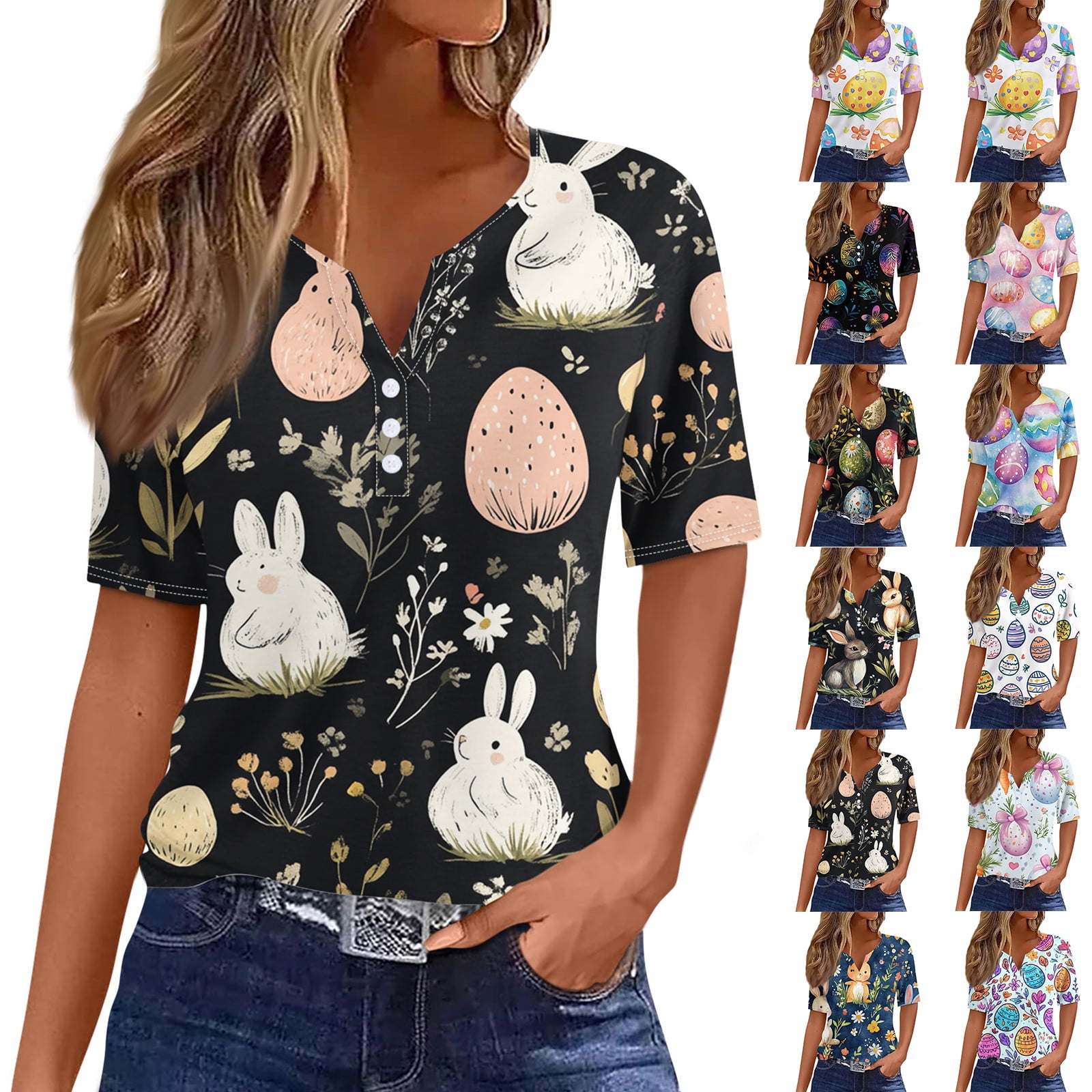 DBAIXID Easter Tops Women Short Sleeve Plus Size Cute Casual 3d Print ...