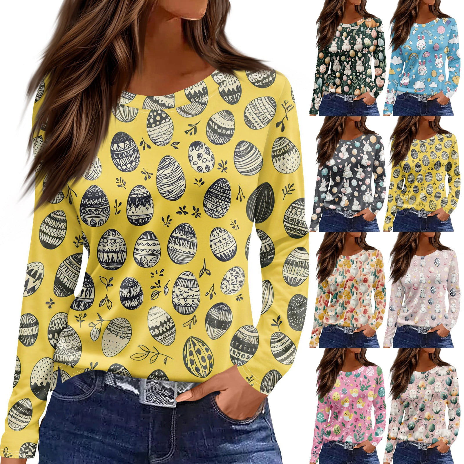 DBAIXID Easter Tops Womens Plus Size Long Sleeve Rabbit Holiday Eggs Easter Sweatshirt for Women ...