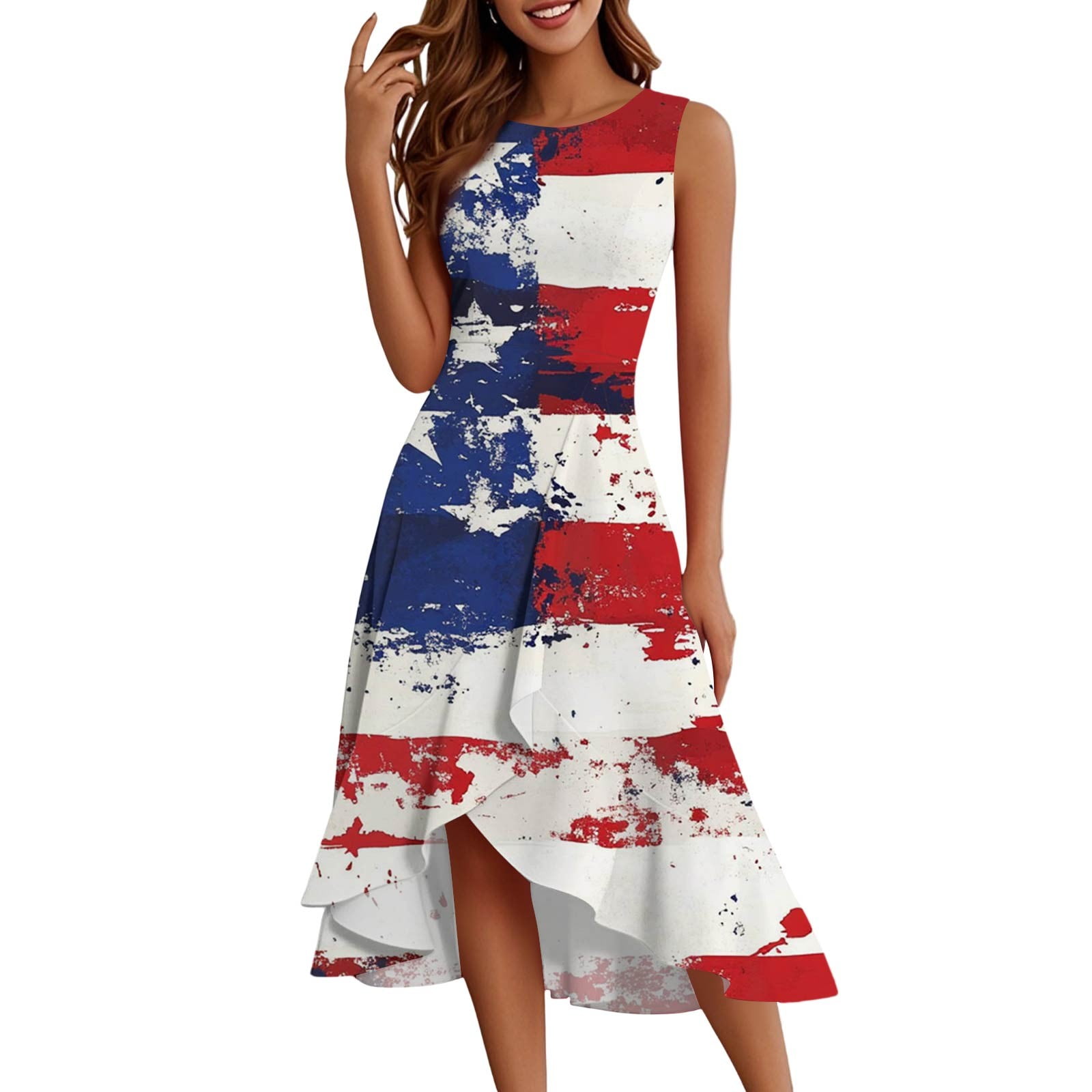 DBAIXID Fourth of July Dress for Women Crew Neck Red White and Blue ...