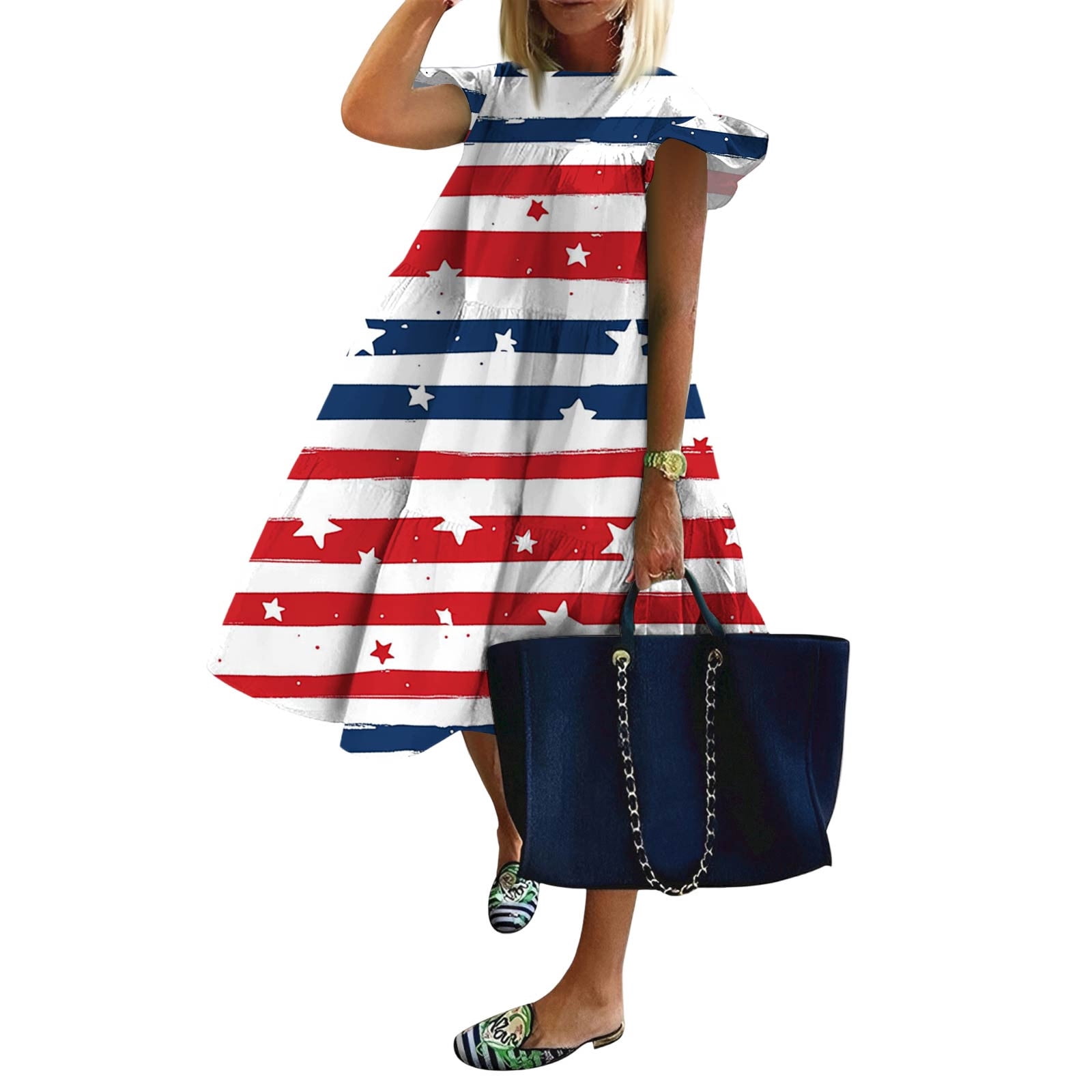 DBAIXID Fourth of July Dress for Women Short Ruffle Sleeve Plus Size ...