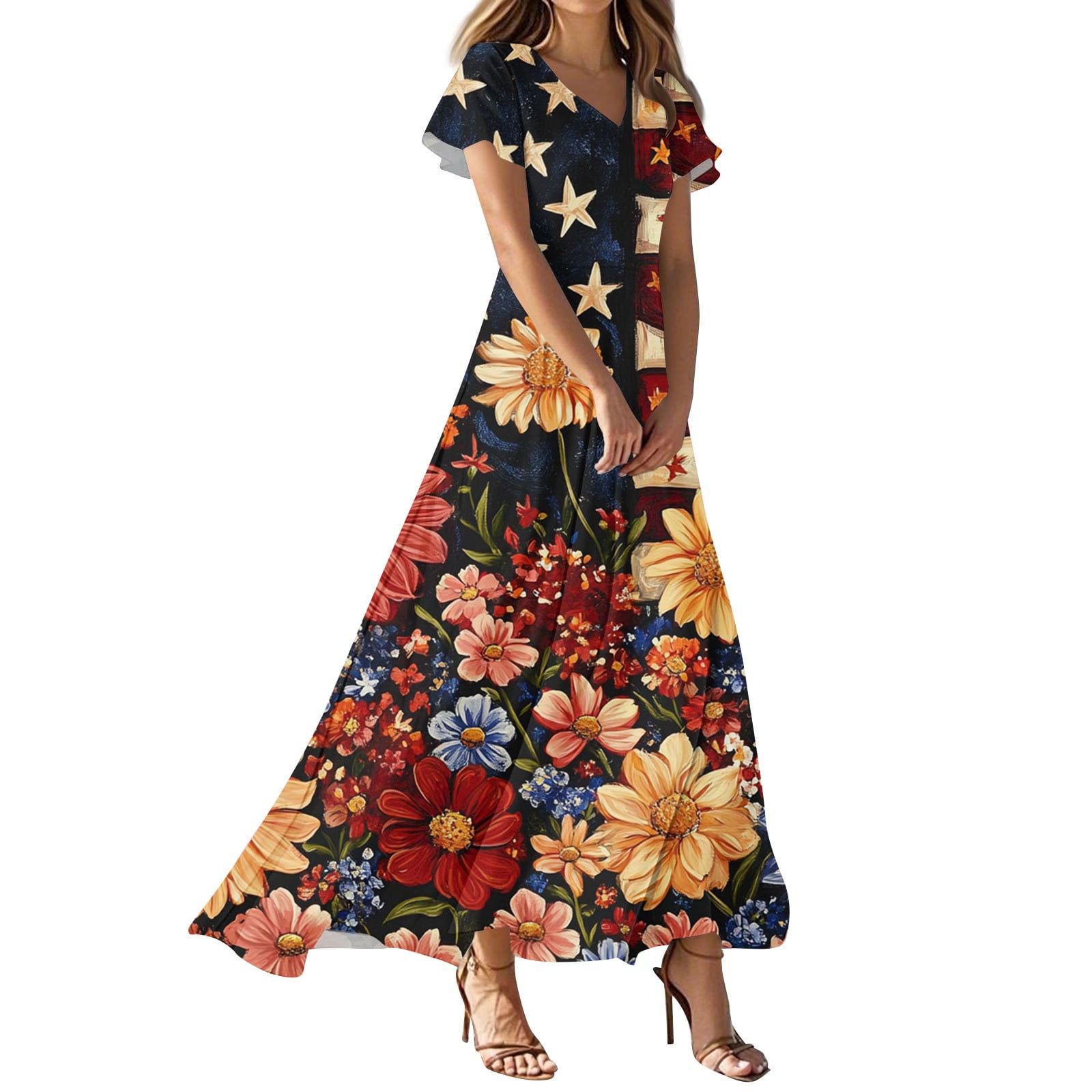 DBAIXID Fourth of July Dress for Women V-Neck Red White and Blue USA ...