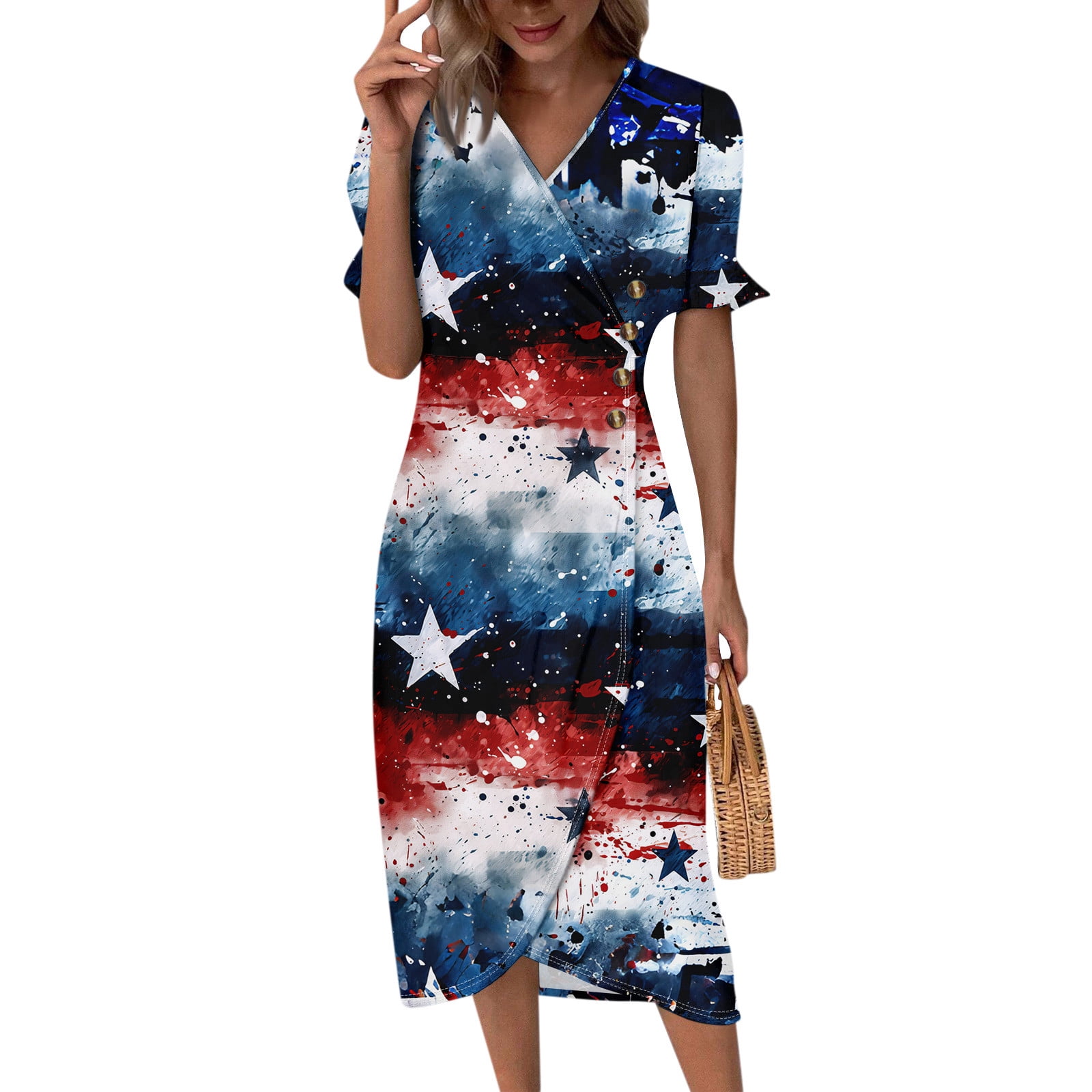 DBAIXID Fourth of July Womens Dress Button V Neck USA American Flag ...