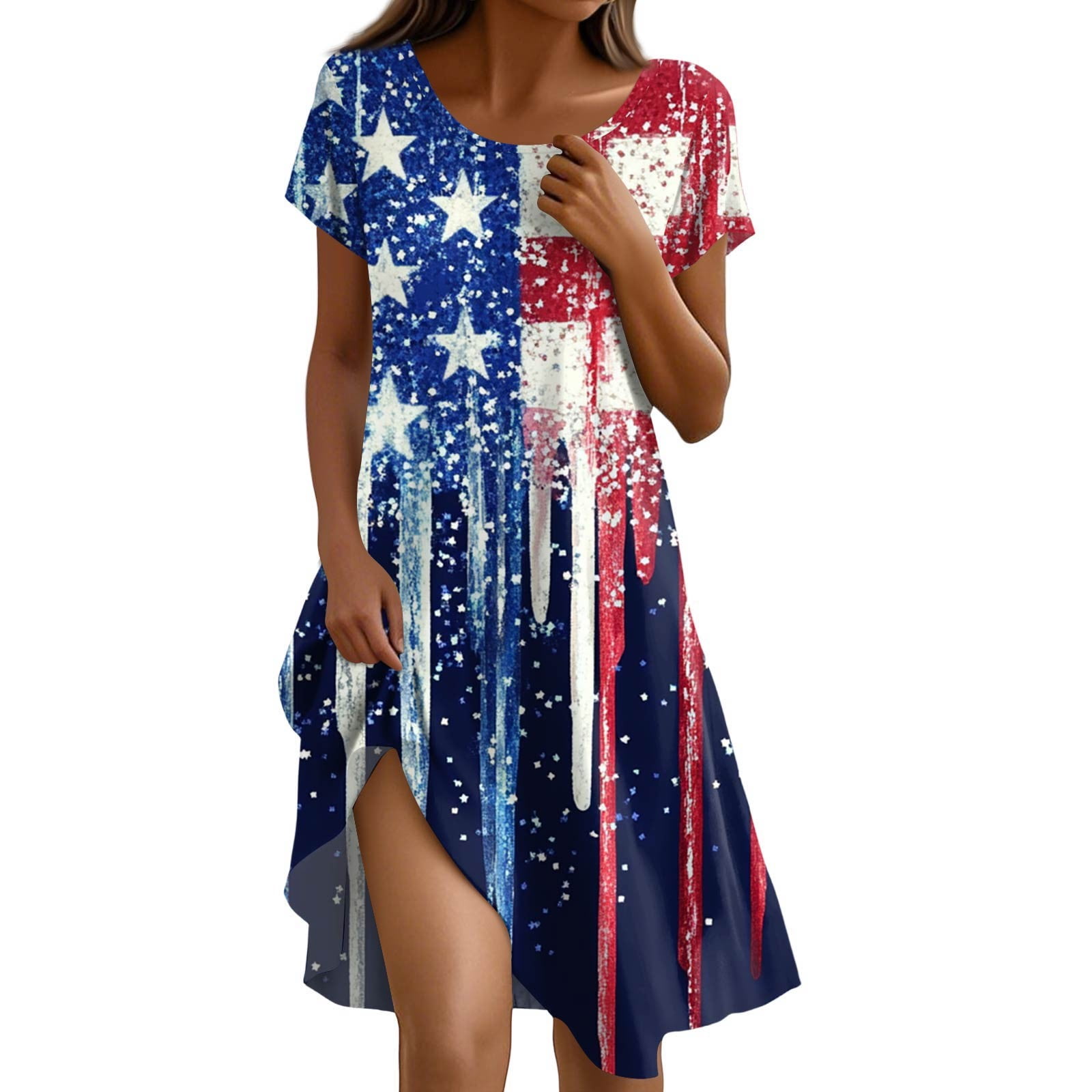 DBAIXID Fourth of July Womens Dress Short Sleeve 1776 Patriotic Red ...