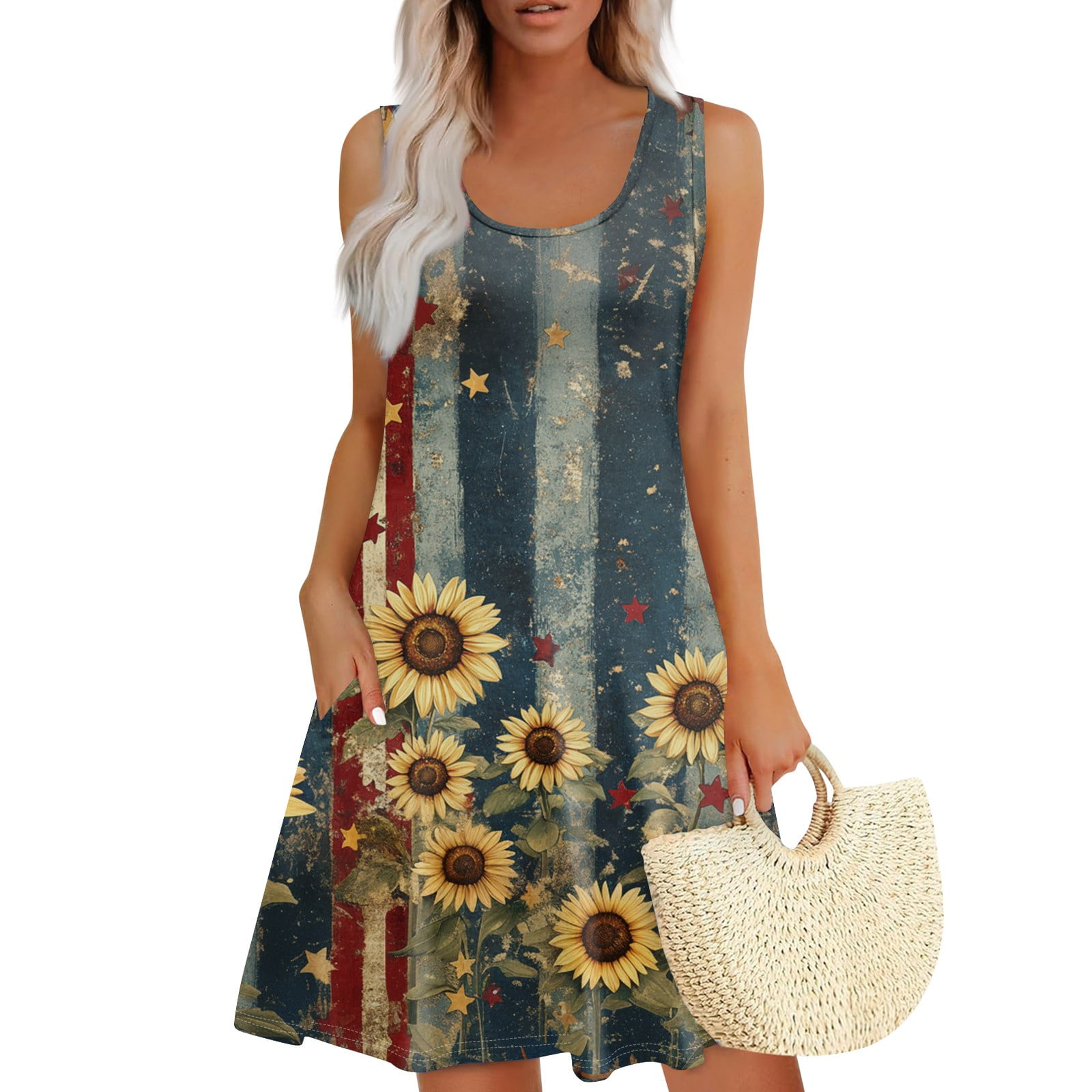 DBAIXID Independence Day Dress for Women Square Neckline USA American ...