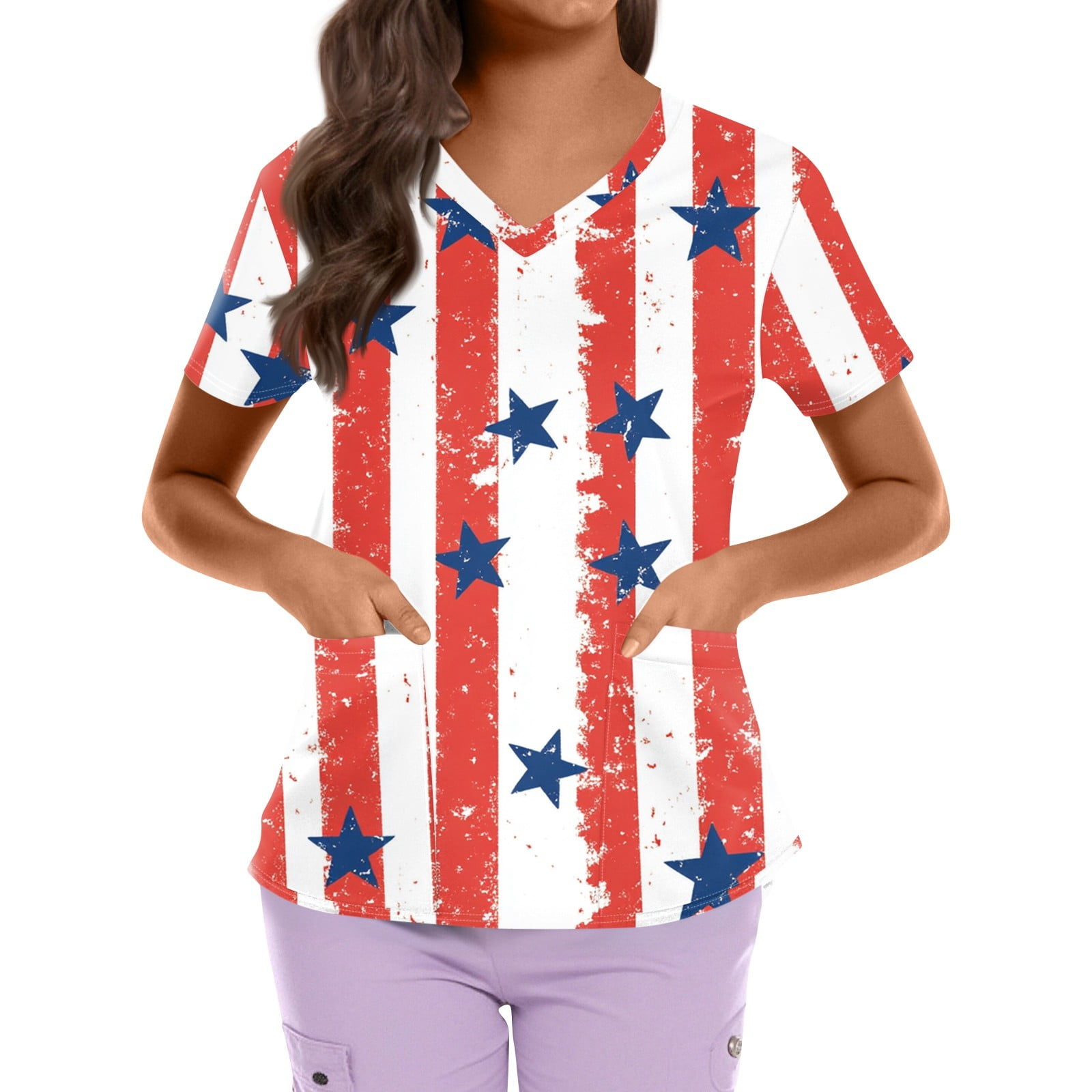 DBAIXID Independence Day Scrub Shirts Womens Short Sleeve All-American ...