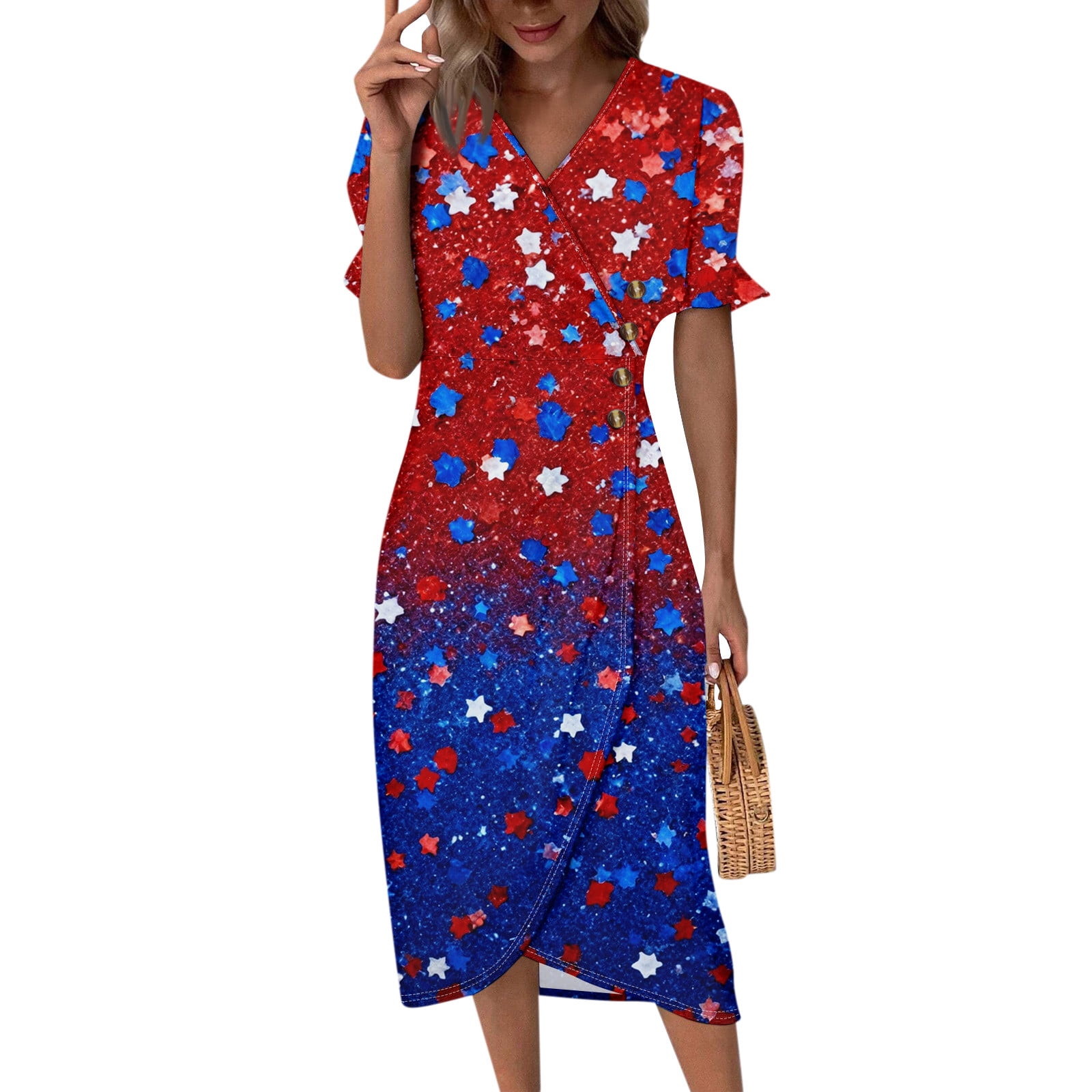 DBAIXID Independence Day Womens Dress Button V Neck Plus Size USA ...