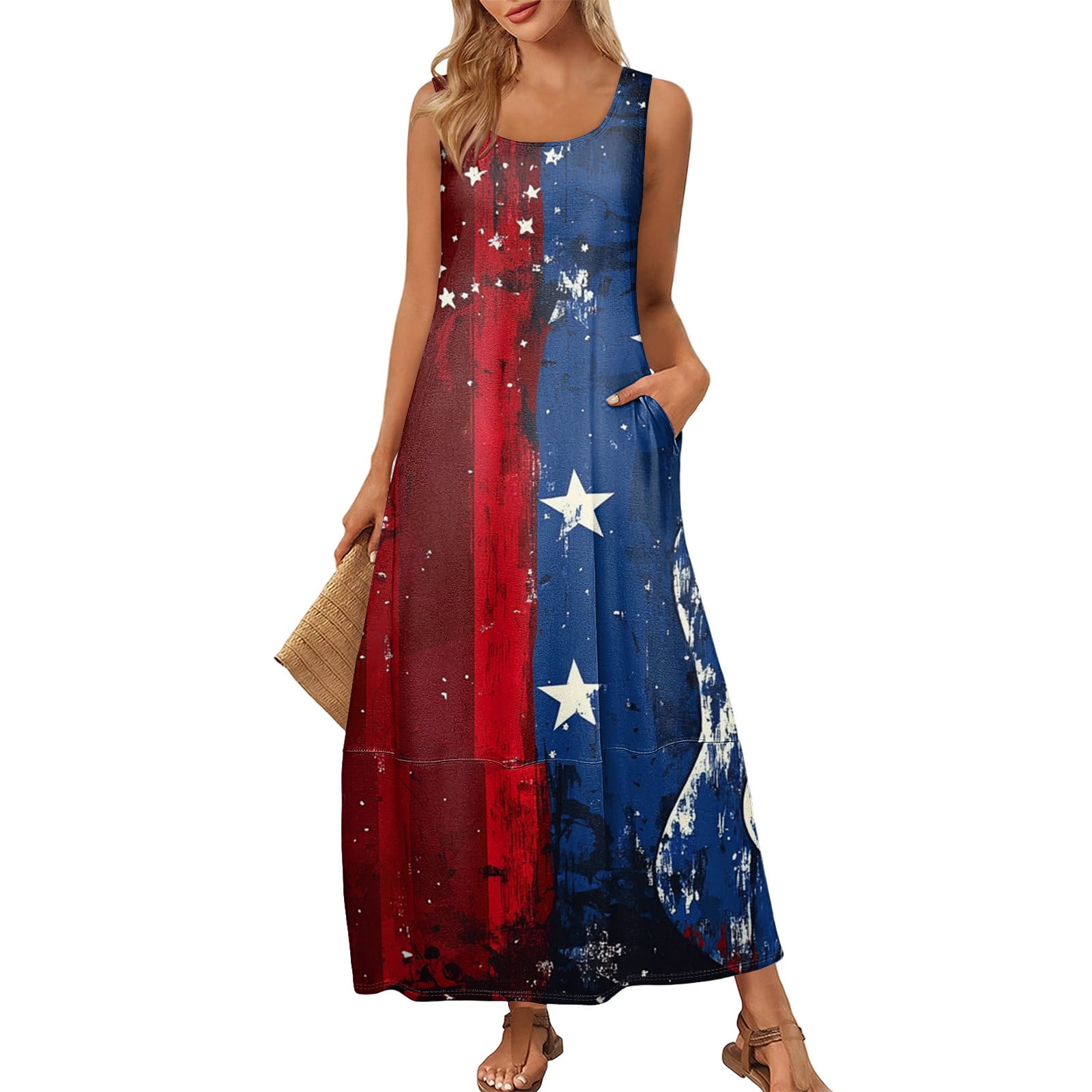 DBAIXID Independence Day Womens Dress Crew Neck USA American Flag Plus ...
