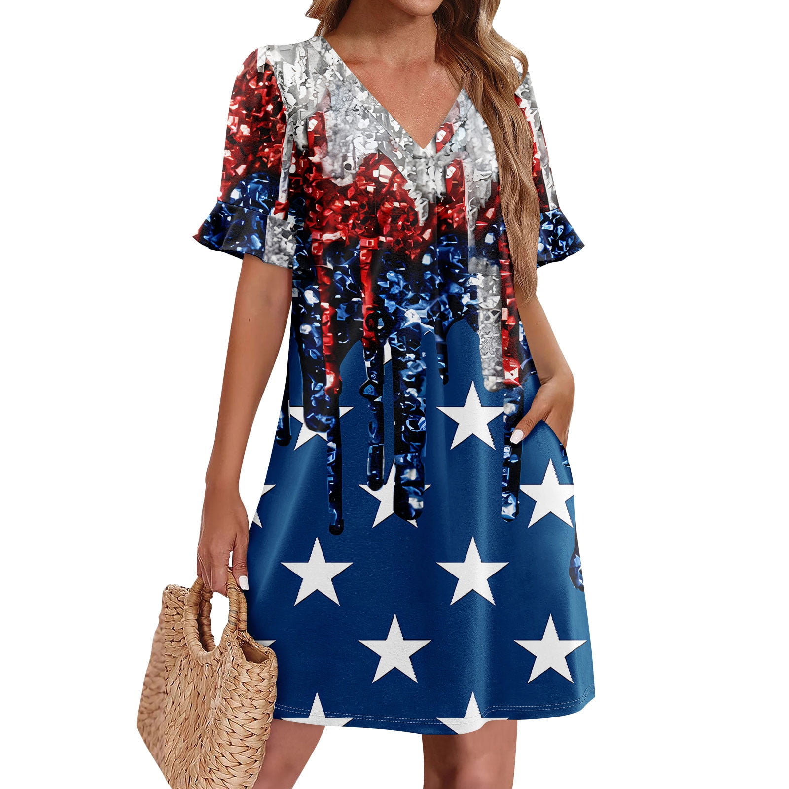 DBAIXID Independence Day Womens Dress Ruffle Short Sleeve Plus Size Red ...