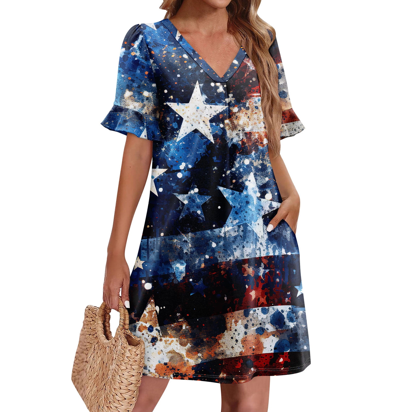 DBAIXID Independence Day Womens Dress Ruffle Short Sleeve Red White and ...