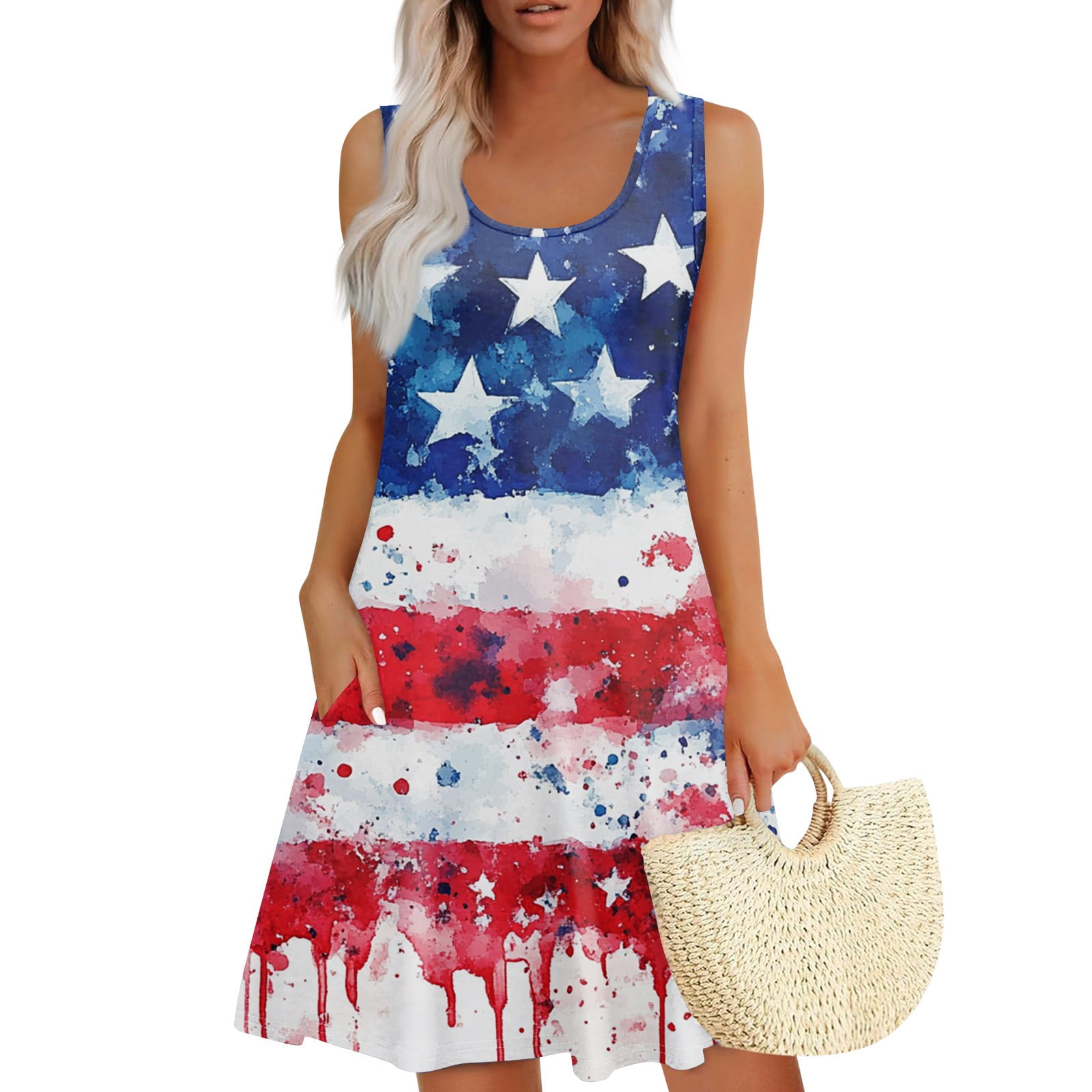 DBAIXID Independence Day Womens Dress Square Neckline Red White Blue ...