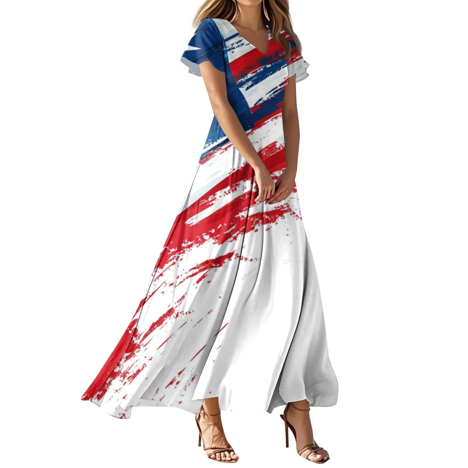 DBAIXID Independence Day Womens Dress V-Neck USA American Flag Red ...
