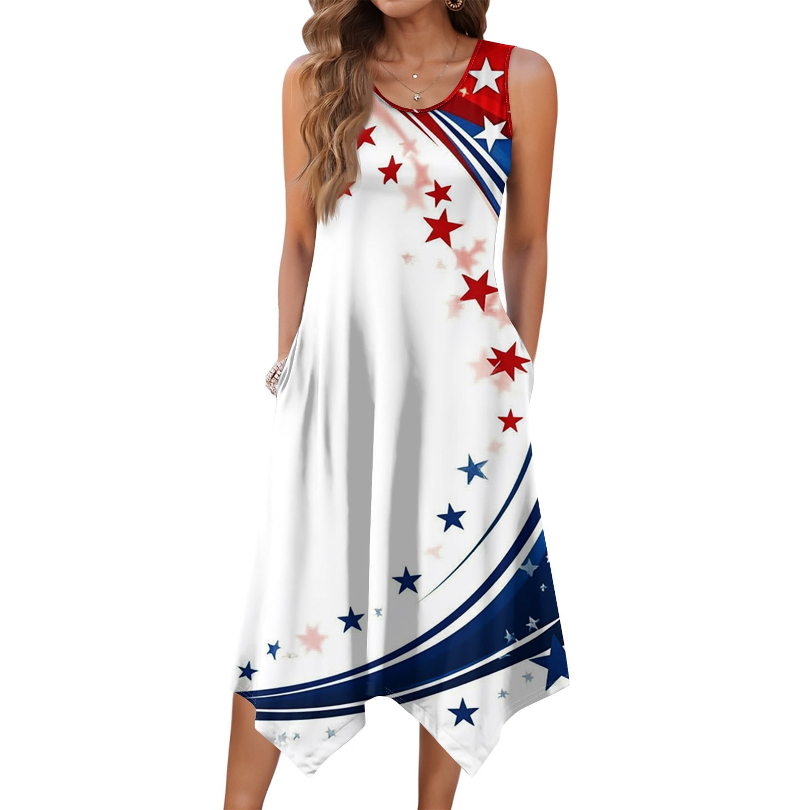 DBAIXID July 4th Dress for Women Crew Neck Red White and Blue USA ...