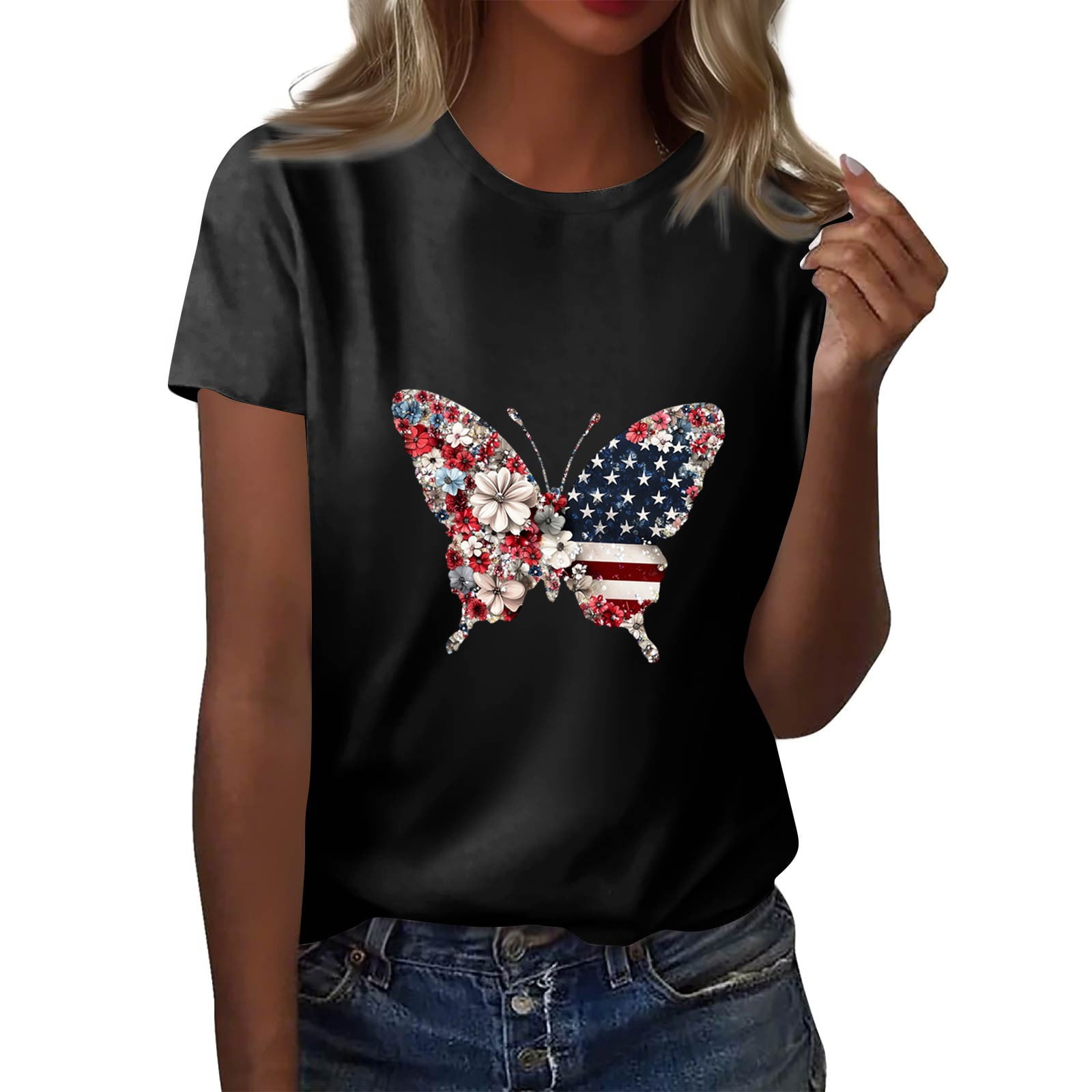 DBAIXID July 4th Shirts Womens Usa Flag Eagle's Flight T-Shirts 1776 Red White and Blue Blouse ...