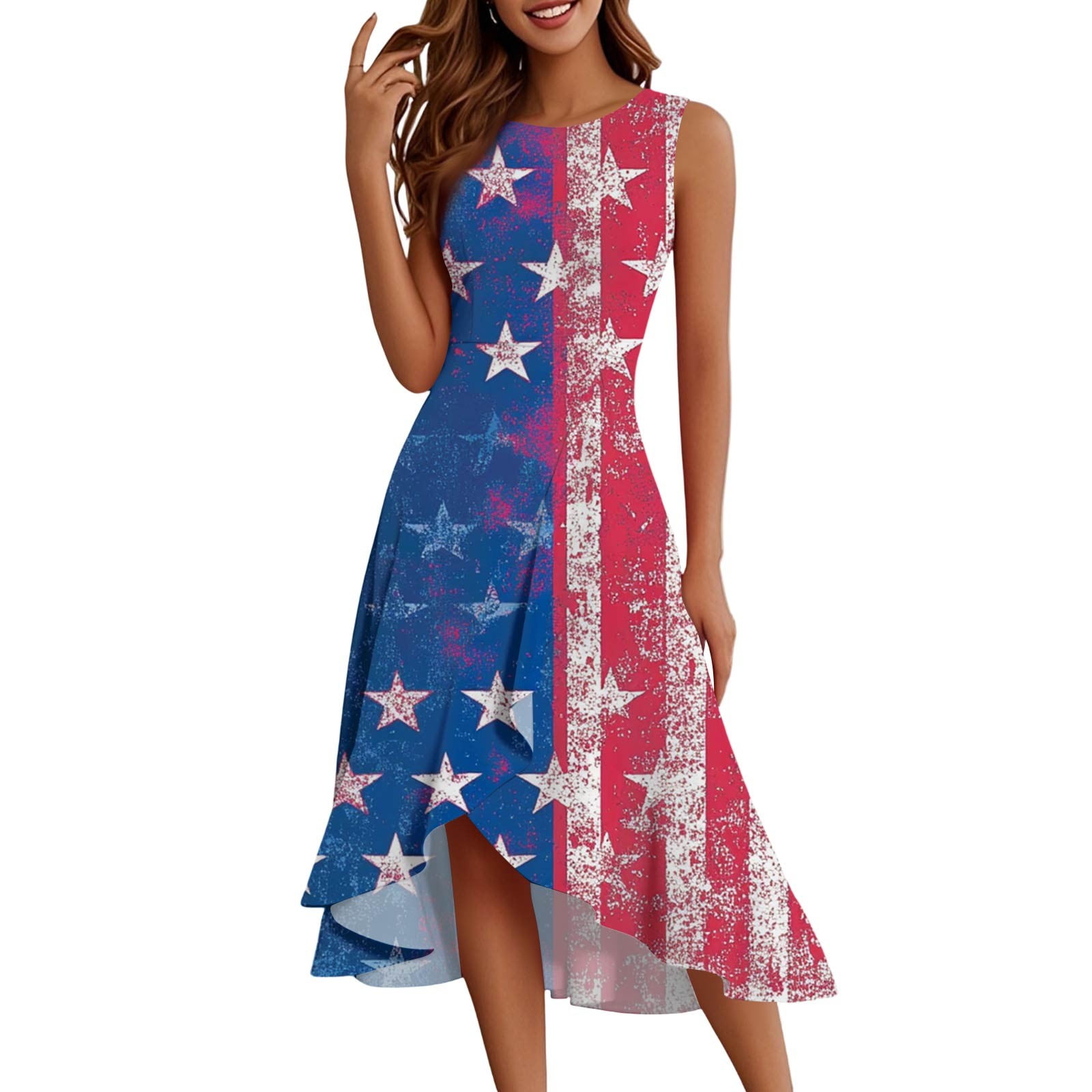 DBAIXID July 4th Womens Dress Crew Neck Plus Size Red White and Blue ...