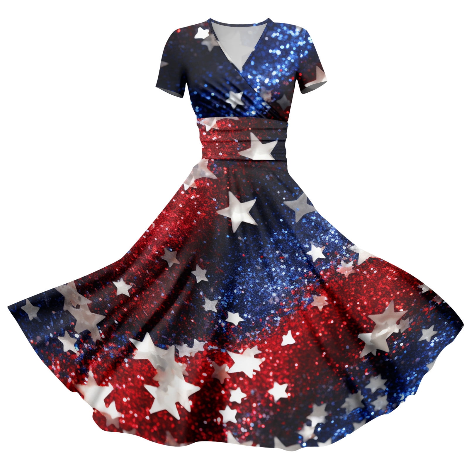 DBAIXID July 4th Womens Dress Short Sleeve Plus Size Red White and Blue ...