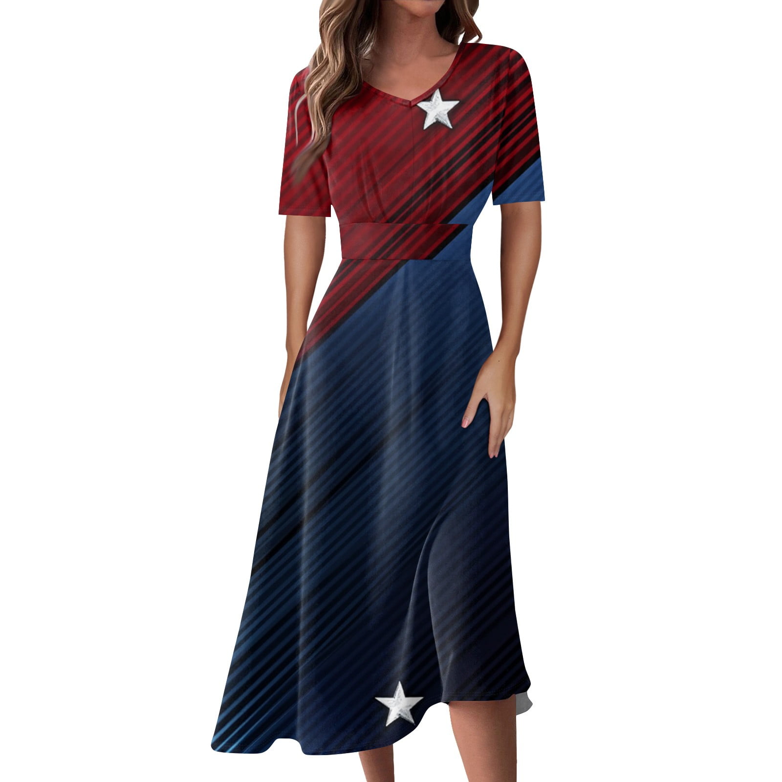 DBAIXID July 4th Womens Dress Short Sleeve Red White and Blue USA ...