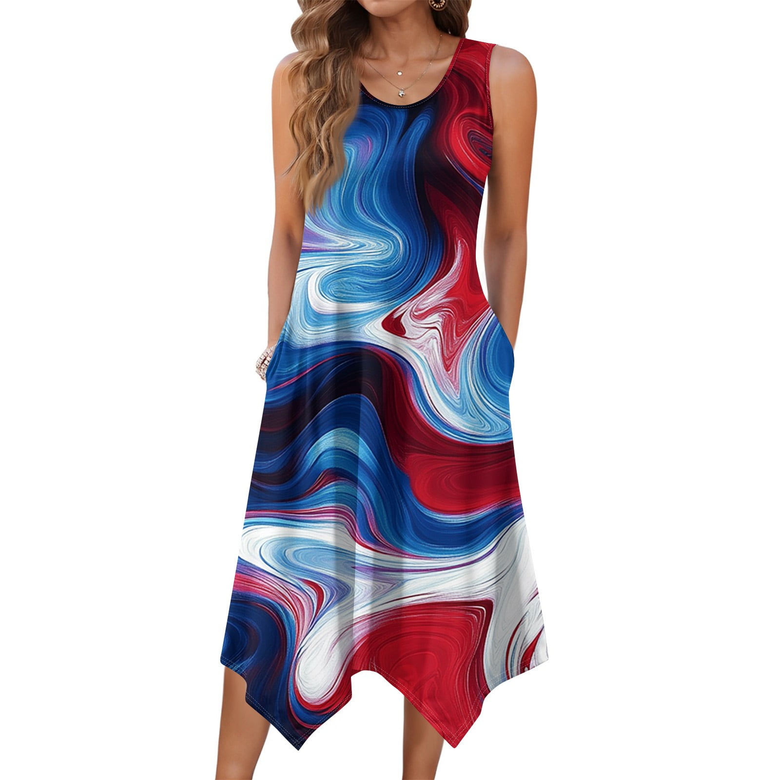 DBAIXID July 4th Womens Dress Sleeveless 1776 Patriotic USA American Flag Crew Neck Irregular ...