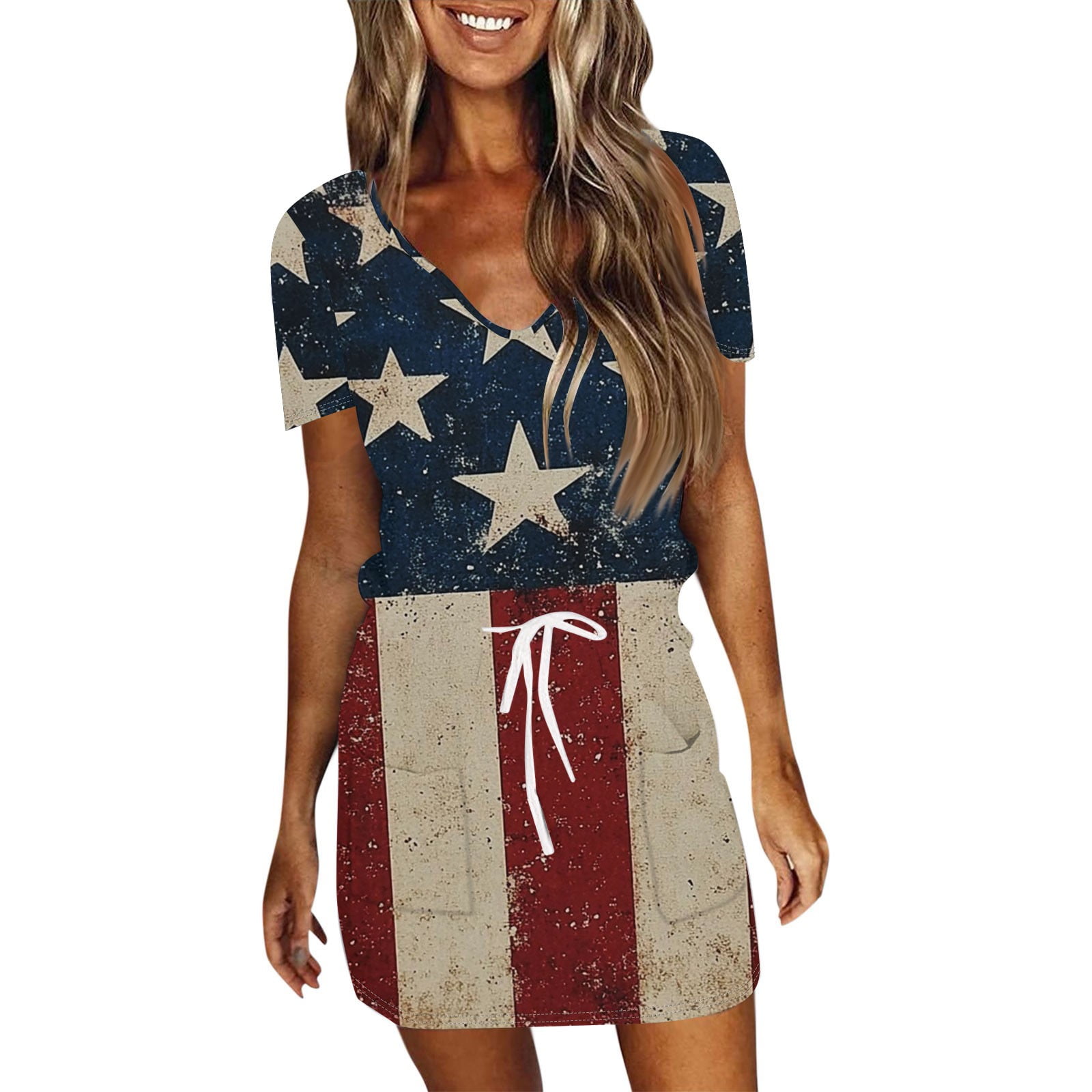 DBAIXID July 4th Womens Dress V Neck Plus Size Red White and Blue Short ...