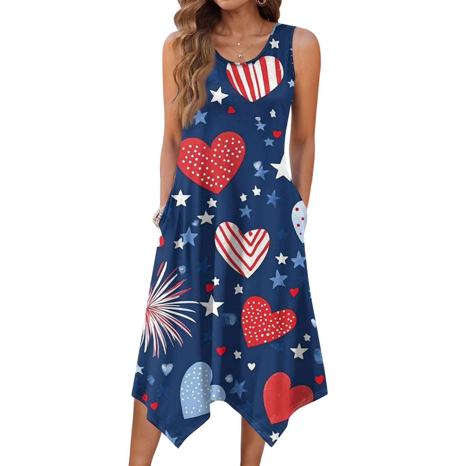 DBAIXID Memorial Day Dress for Women Crew Neck Red White and Blue Plus ...