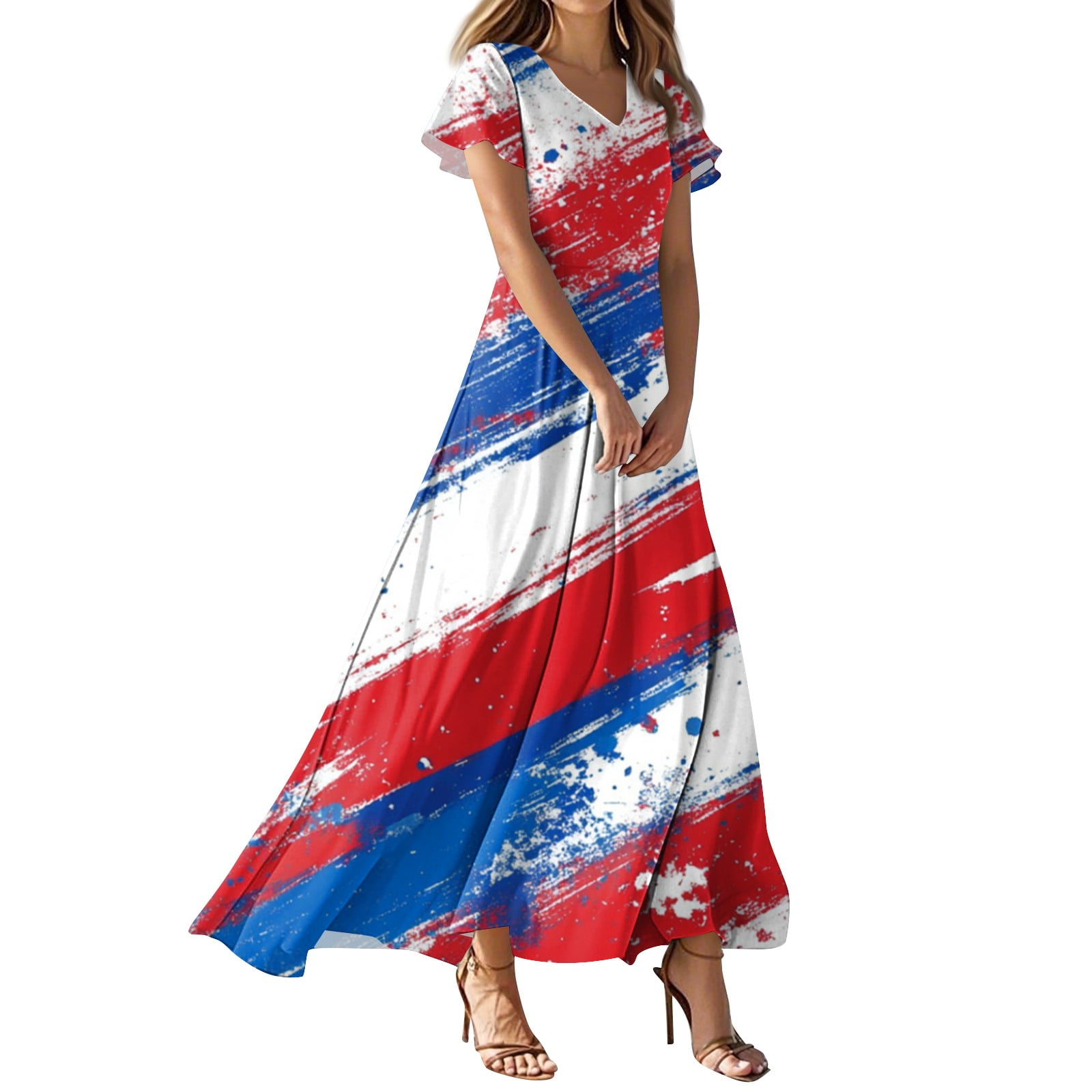 DBAIXID Memorial Day Dress for Women V-Neck Red White and Blue USA ...