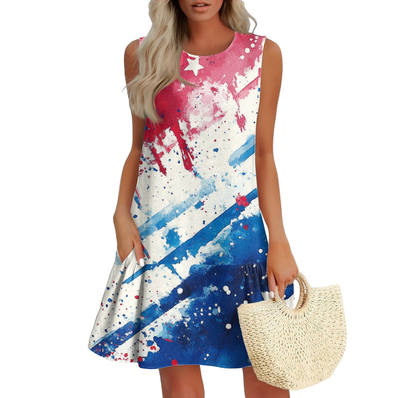 DBAIXID Memorial Day Womens Dress Sleeveless 1776 Patriotic Red White ...