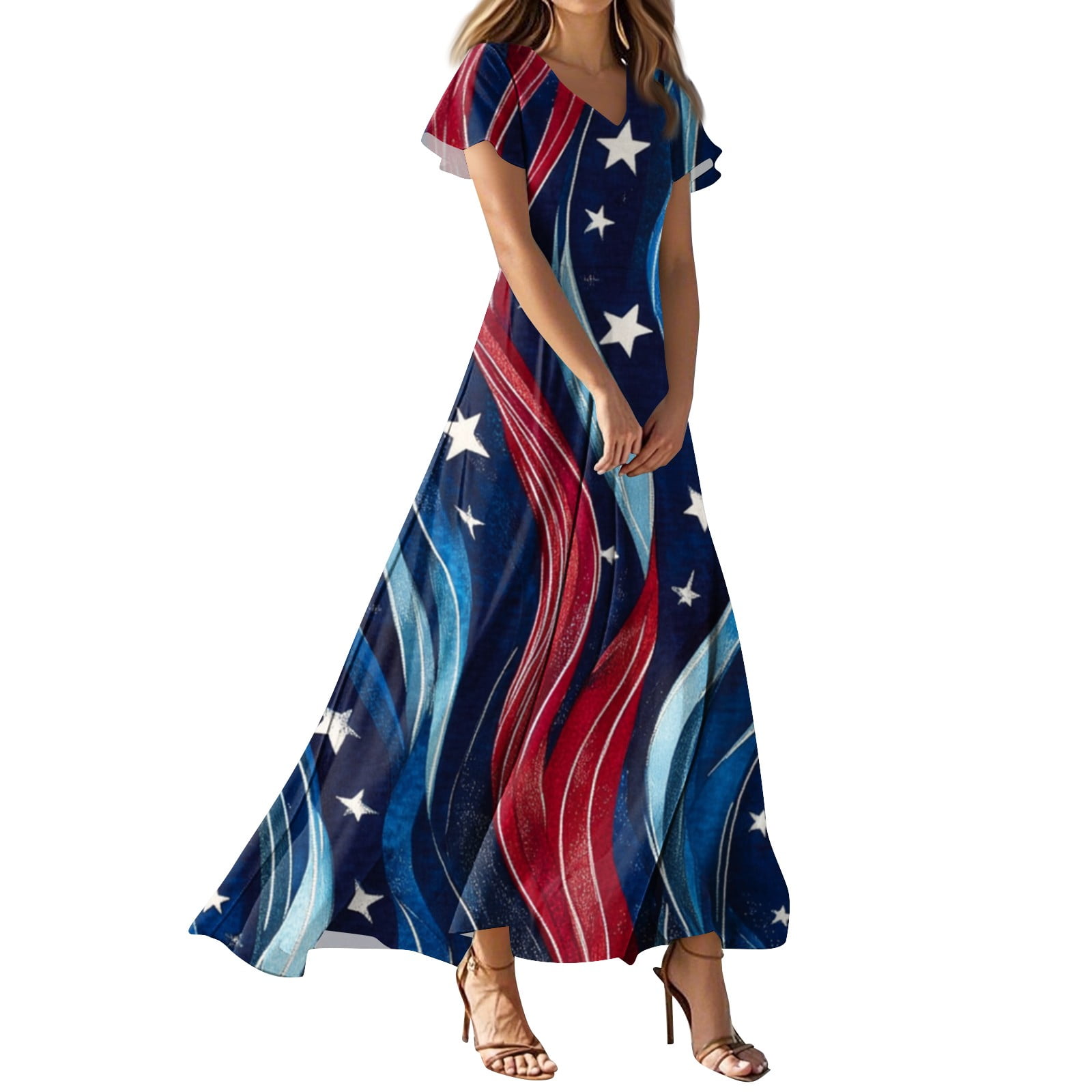 DBAIXID Memorial Day Womens Dress Sleeveless 1776 Patriotic USA American Flag V-Neck Summer a ...