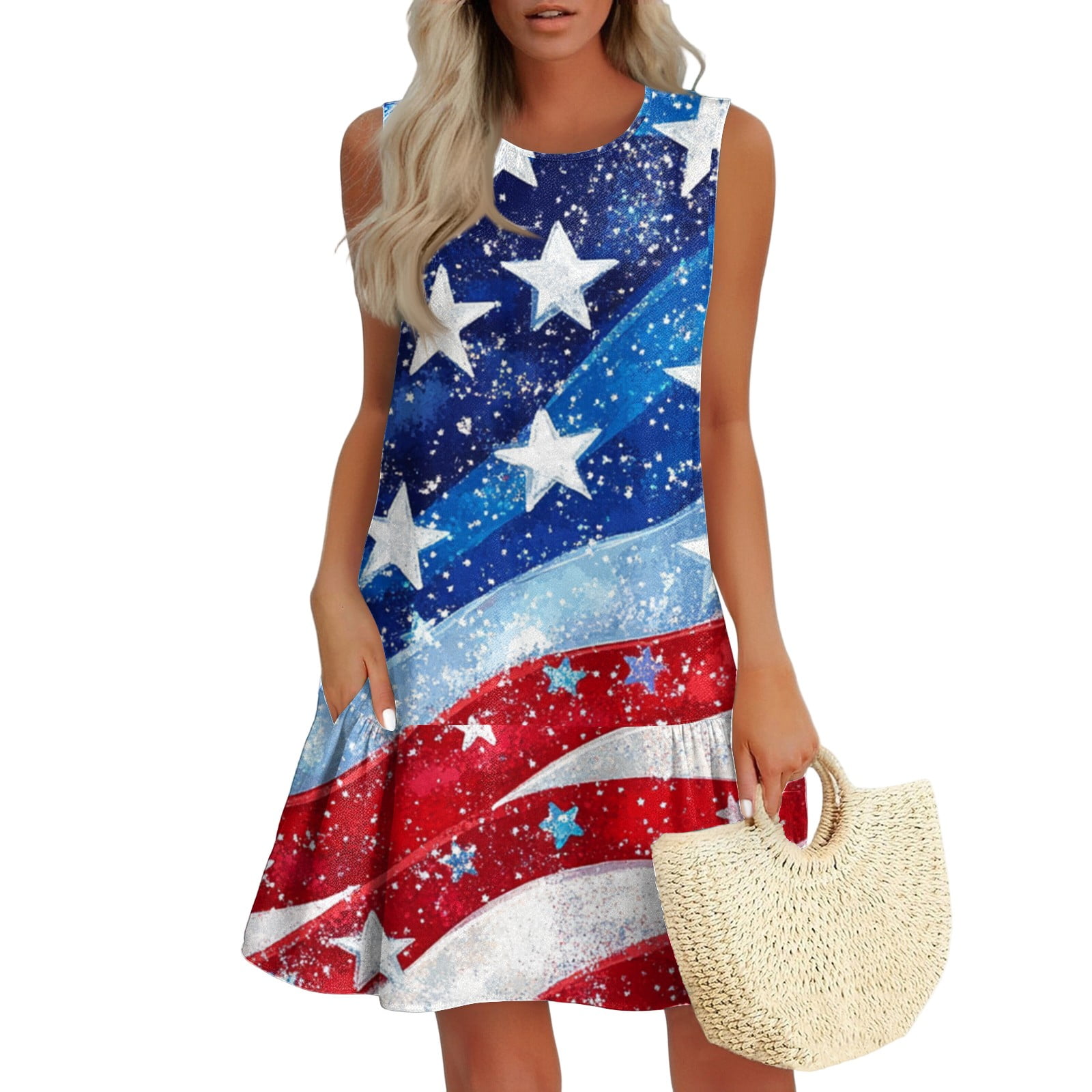 DBAIXID Memorial Day Womens Dress Sleeveless Red White and Blue USA ...