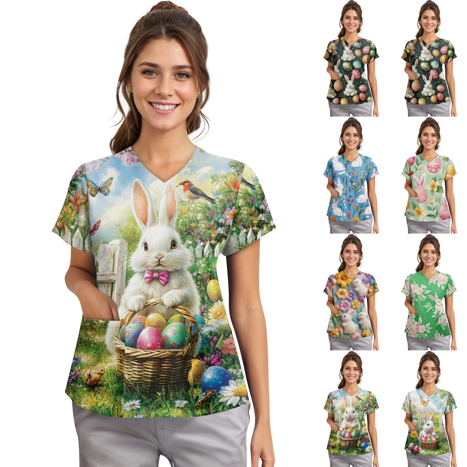 DBAIXID Plus Size Easter Scrubs Tops Big with Pockets Rabbit Trendy 3d ...