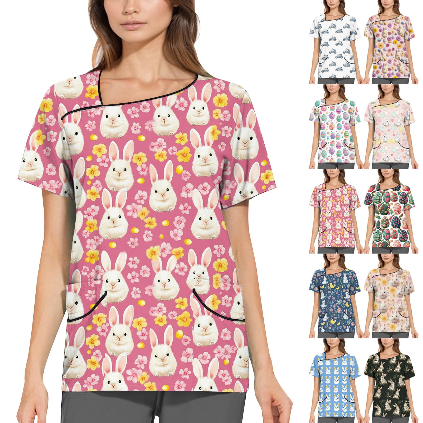 DBAIXID Plus Size Easter Scrubs Tops Loose Fit 3d Print Rabbit Basic ...