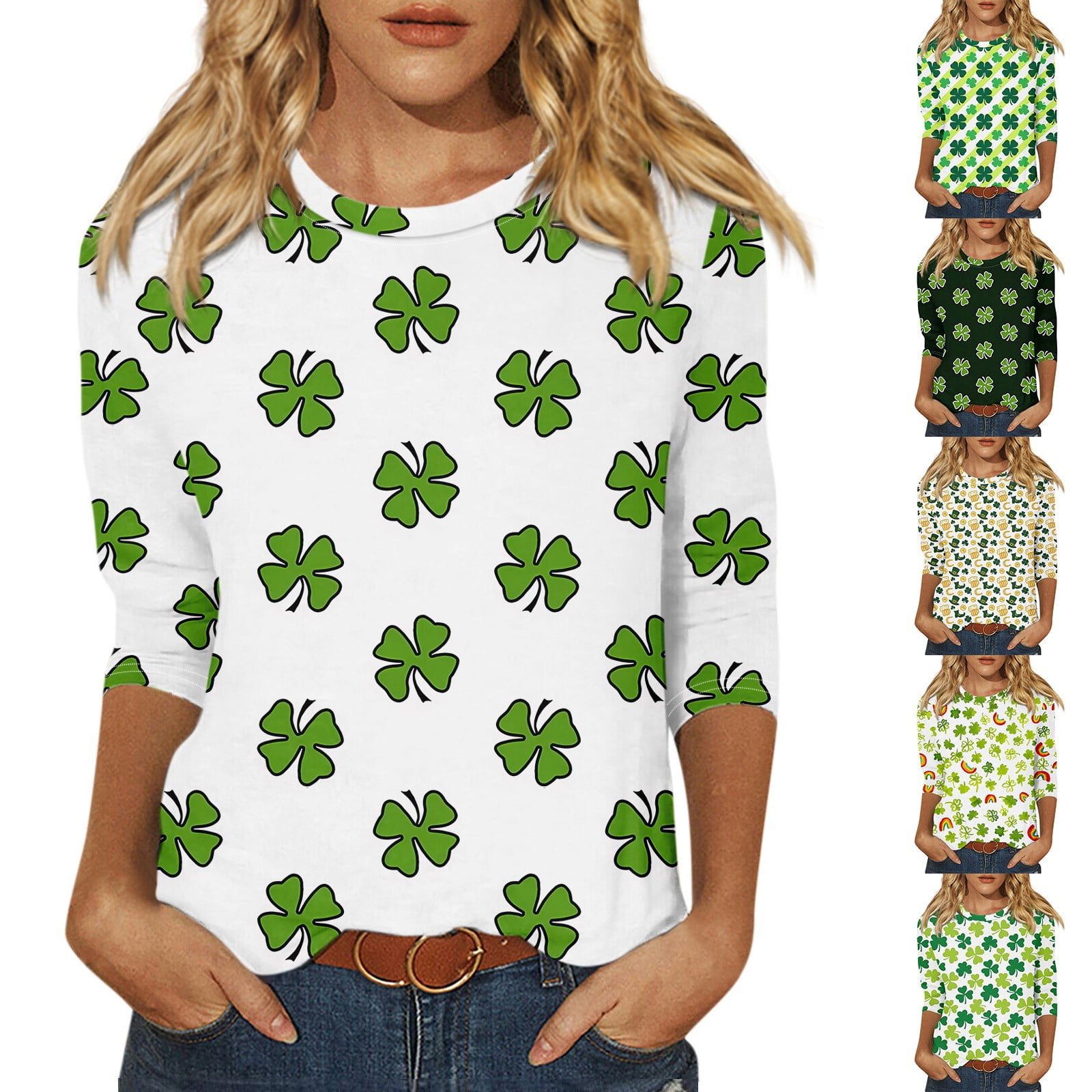 DBAIXID St Patrick's Day Shirts Women 3/4 Sleeve Big Green Trendy Clover Clothes Dressy Loose ...