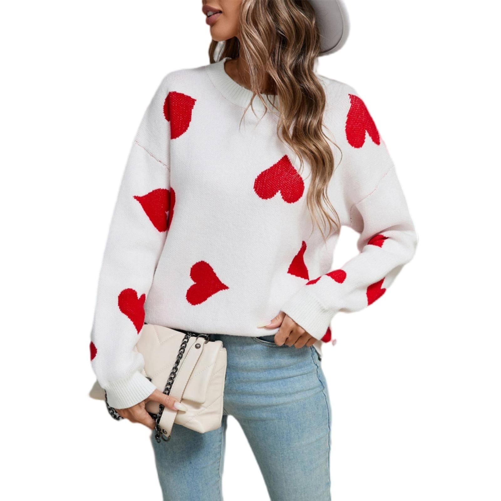 DBAIXID Valentine Sweaters Heart Print Plus Size Fuzzy Crew Neck 2025 Valentine's Day Sweatshirt ...