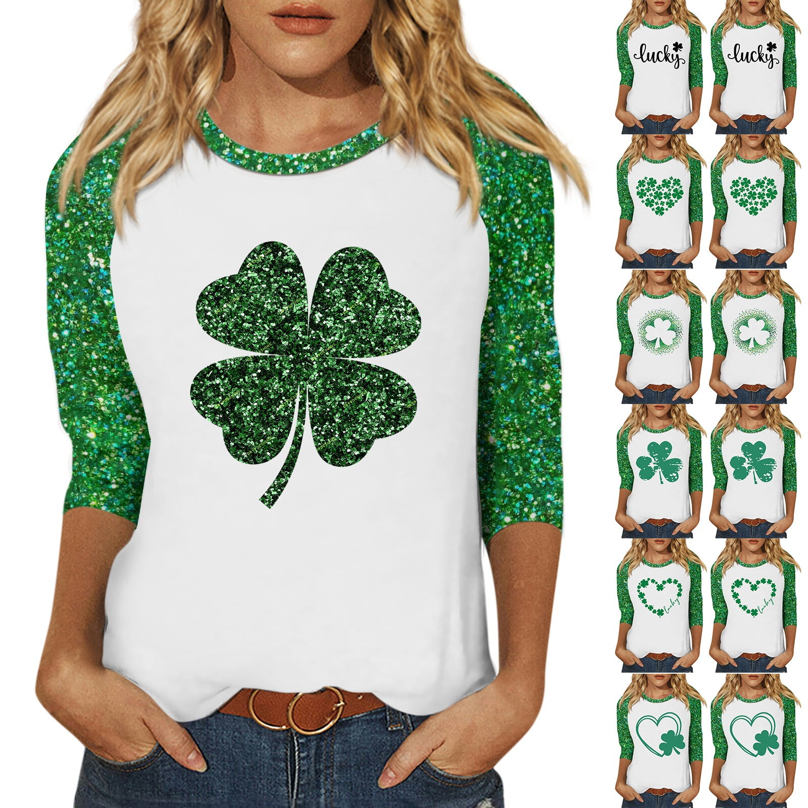 DBAIXID Women 3/4 Sleeve St Patrick's Day Shirts Loose Shamrock Loose Fit Clover T-Shirt Color ...