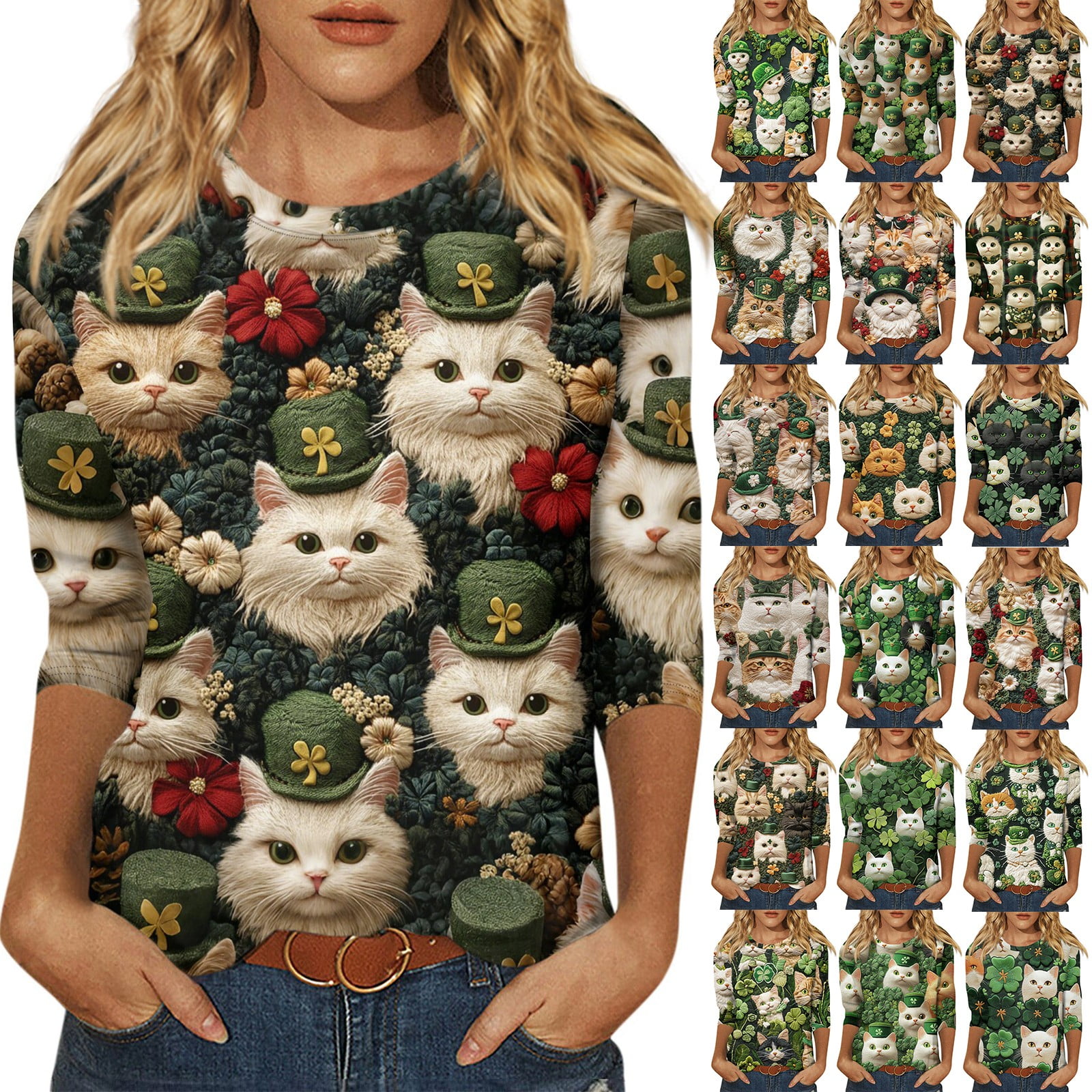 DBAIXID Women St Patrick's Day 3/4 Sleeve Shirts Oversized Crew Neck Casual Shamrock T-Shirt ...