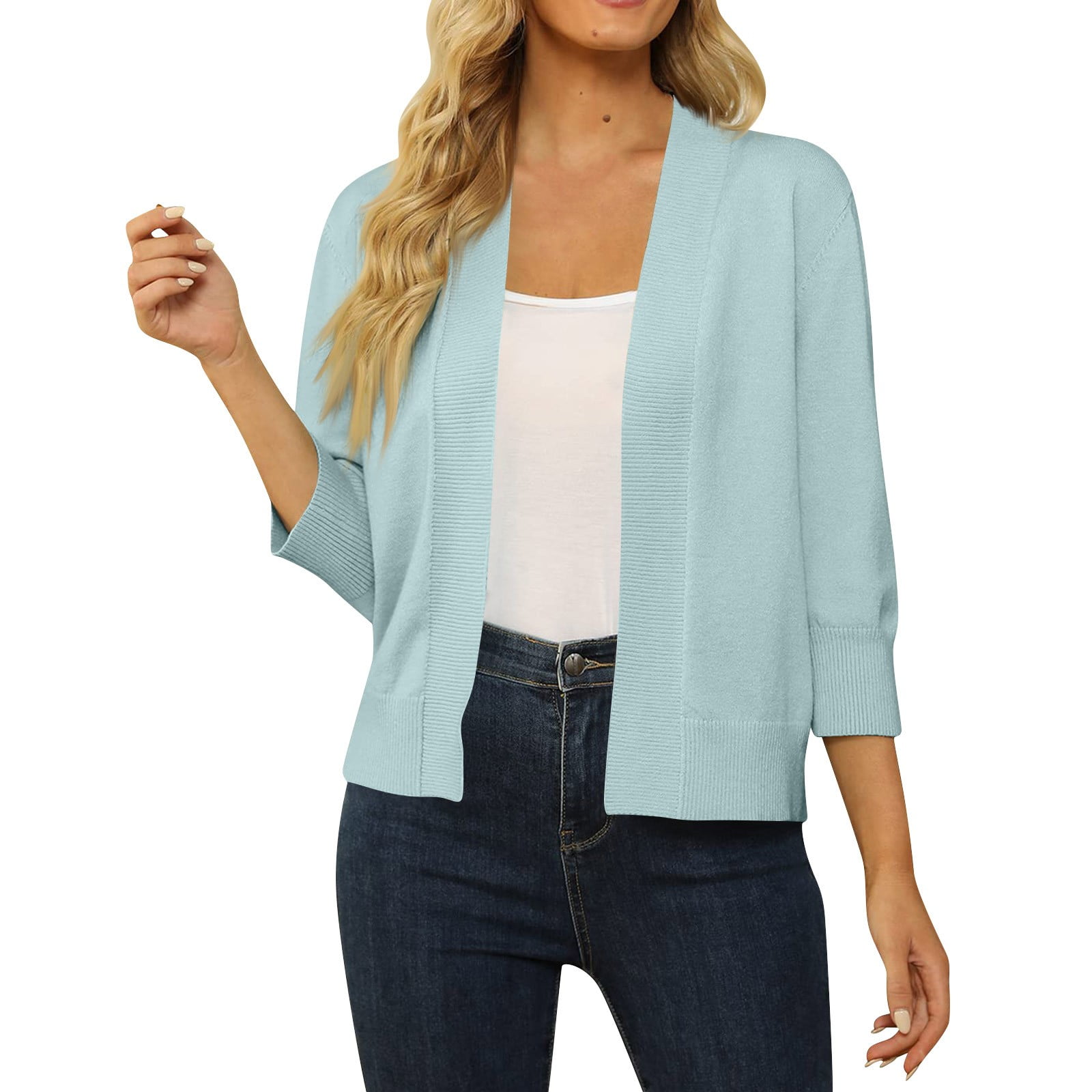 DBAIXID Women's 3/4 Sleeve Open Front Cropped Cardigan Sweater Elegant ...