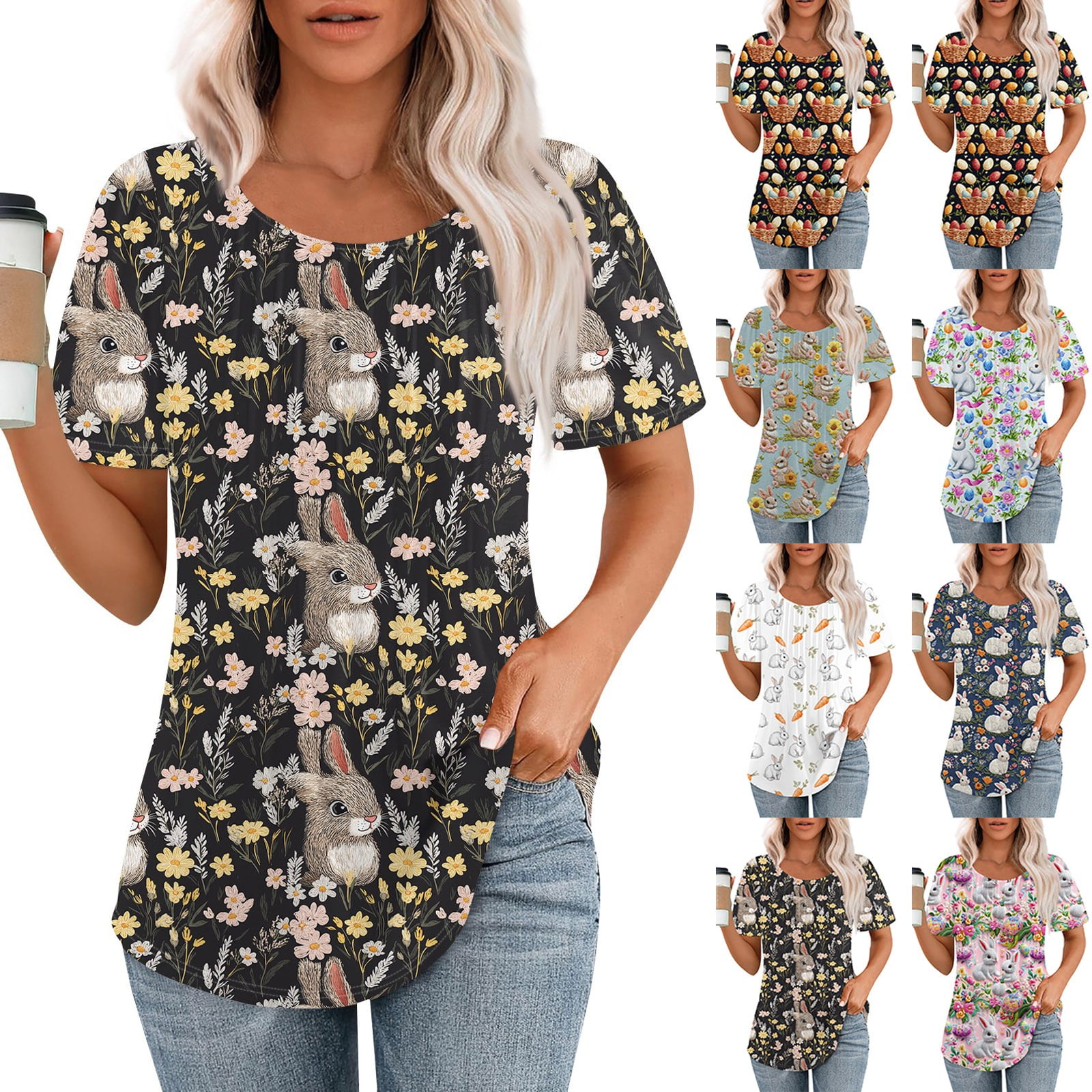 DBAIXID Women's Plus Easter Tops Short Sleeve Plus Size Graphic Trendy ...
