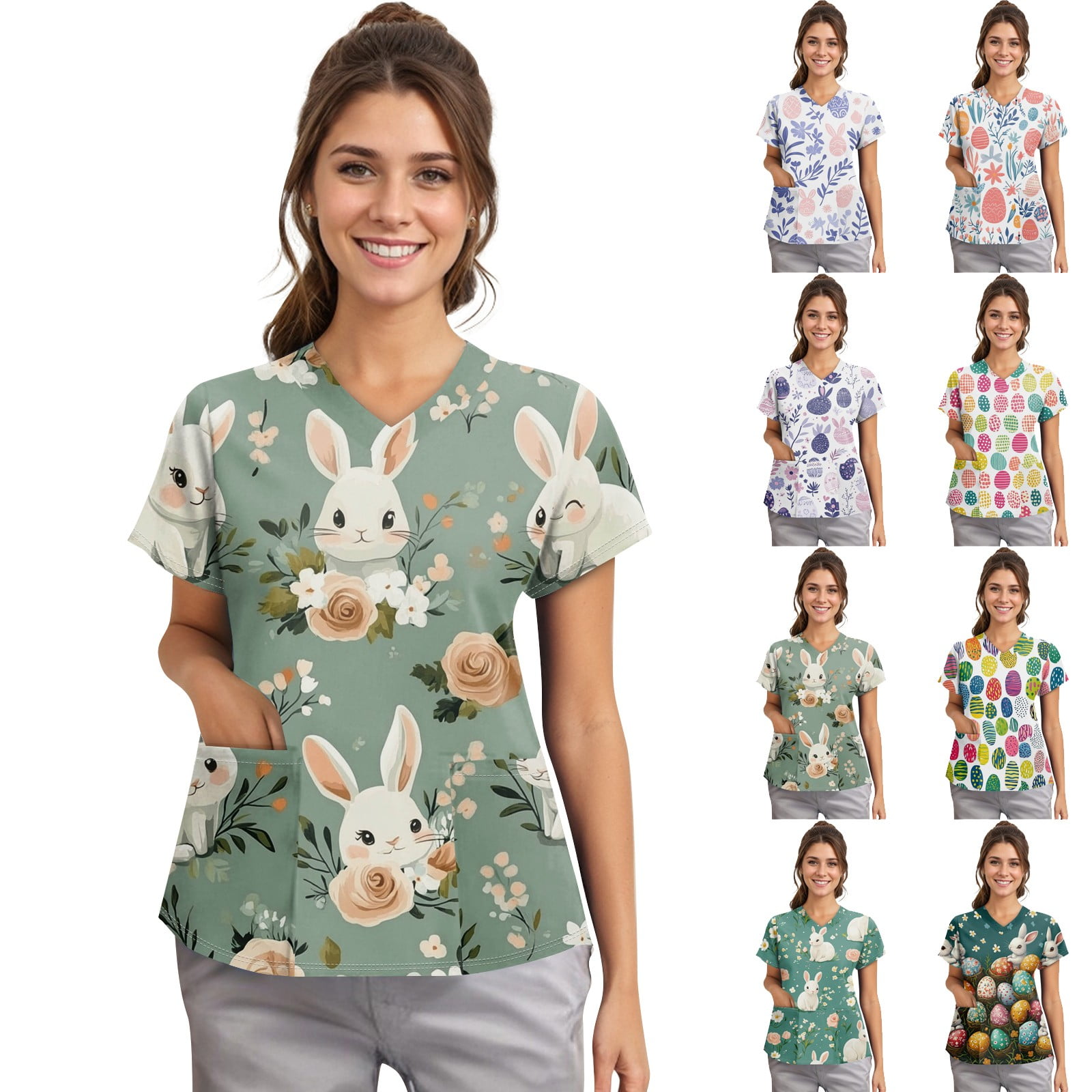 DBAIXID Womens Easter Scrubs Oversized Eggs V Neck Basic Graphic Funny ...