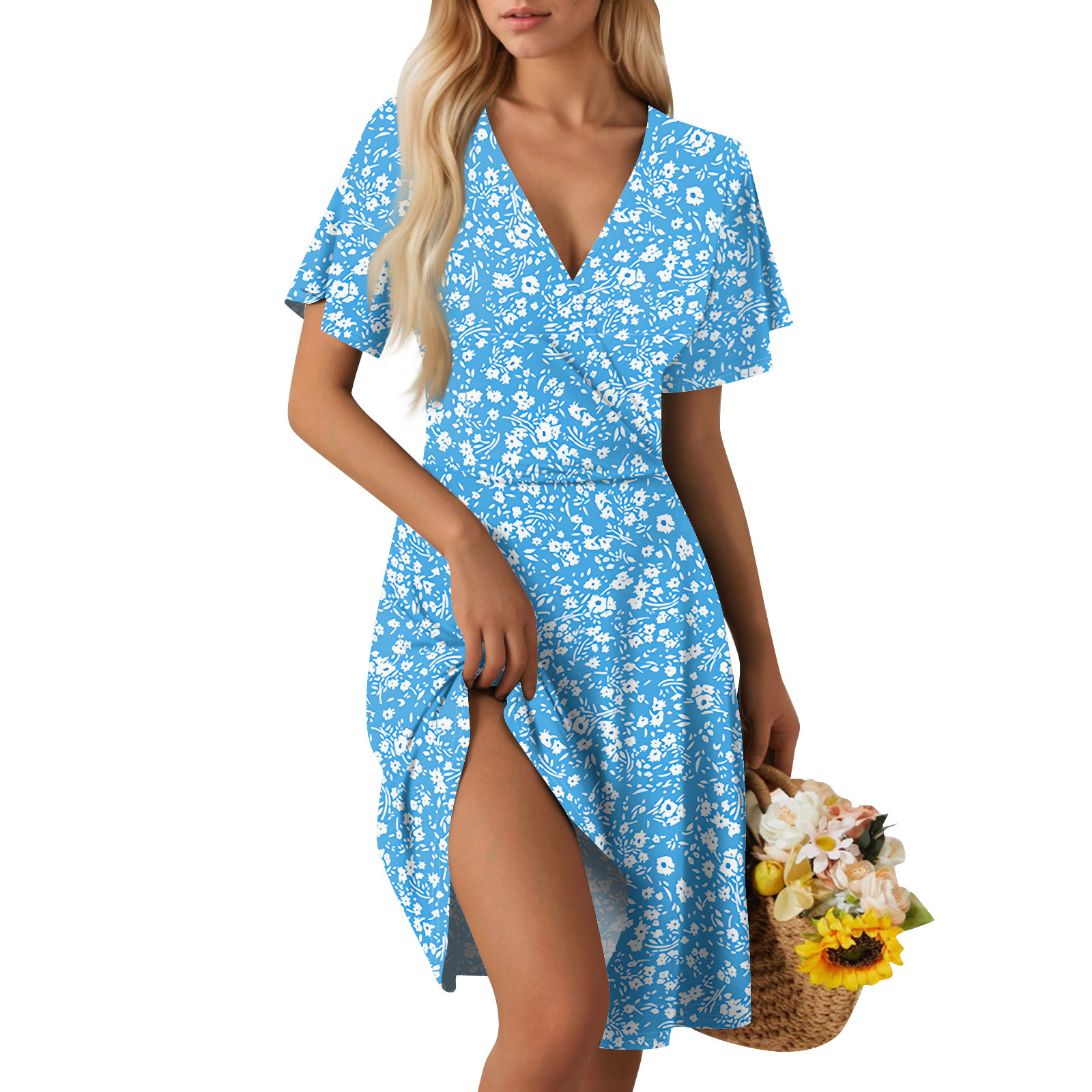 DBAIXID Womens Floral Sundress Summer Short Sleeve Wrap V Neck A-Line ...