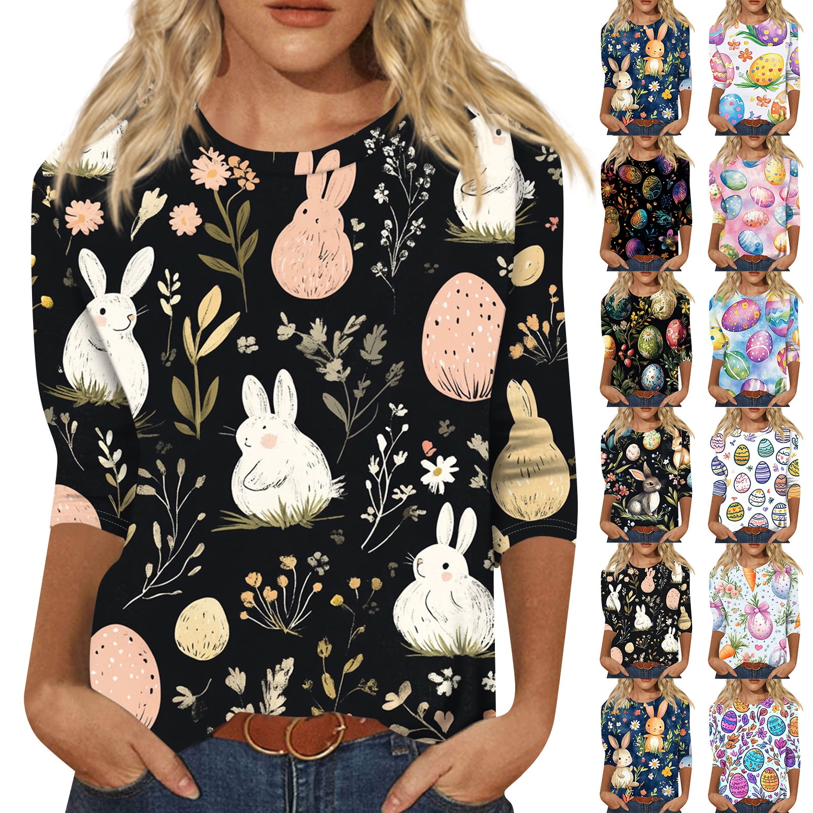 DBAIXID Womens Pink Easter Tops 3/4 Sleeve Plus Size Cute Holiday 3d ...